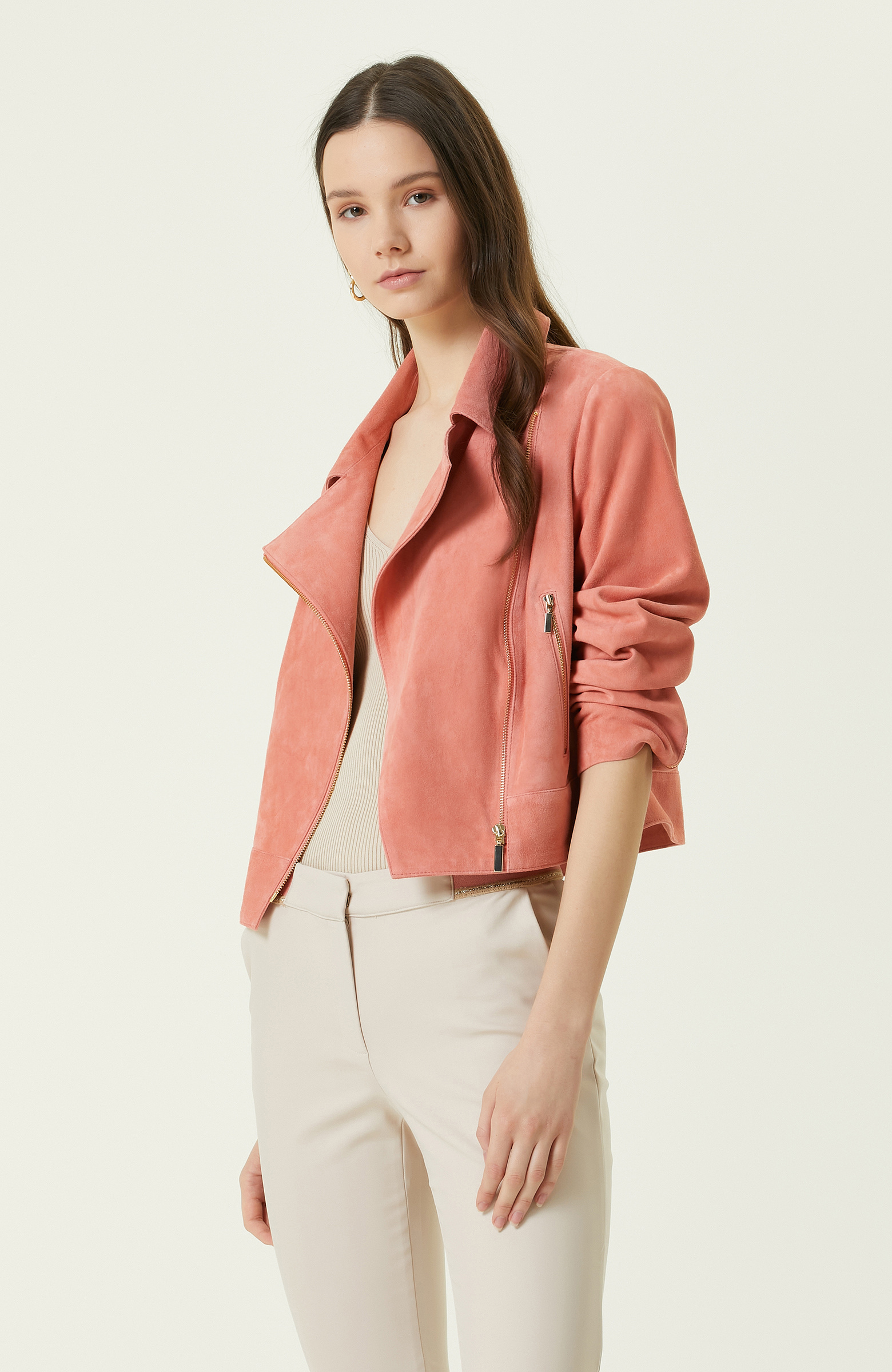 Slim Fit Somon Rengi Süet Mont