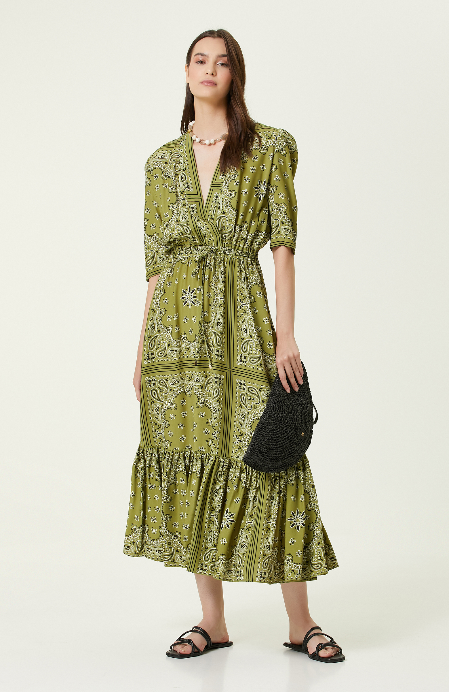 Haki Şal Desenli Midi Elbise Haki Şal Desenli Midi Elbise