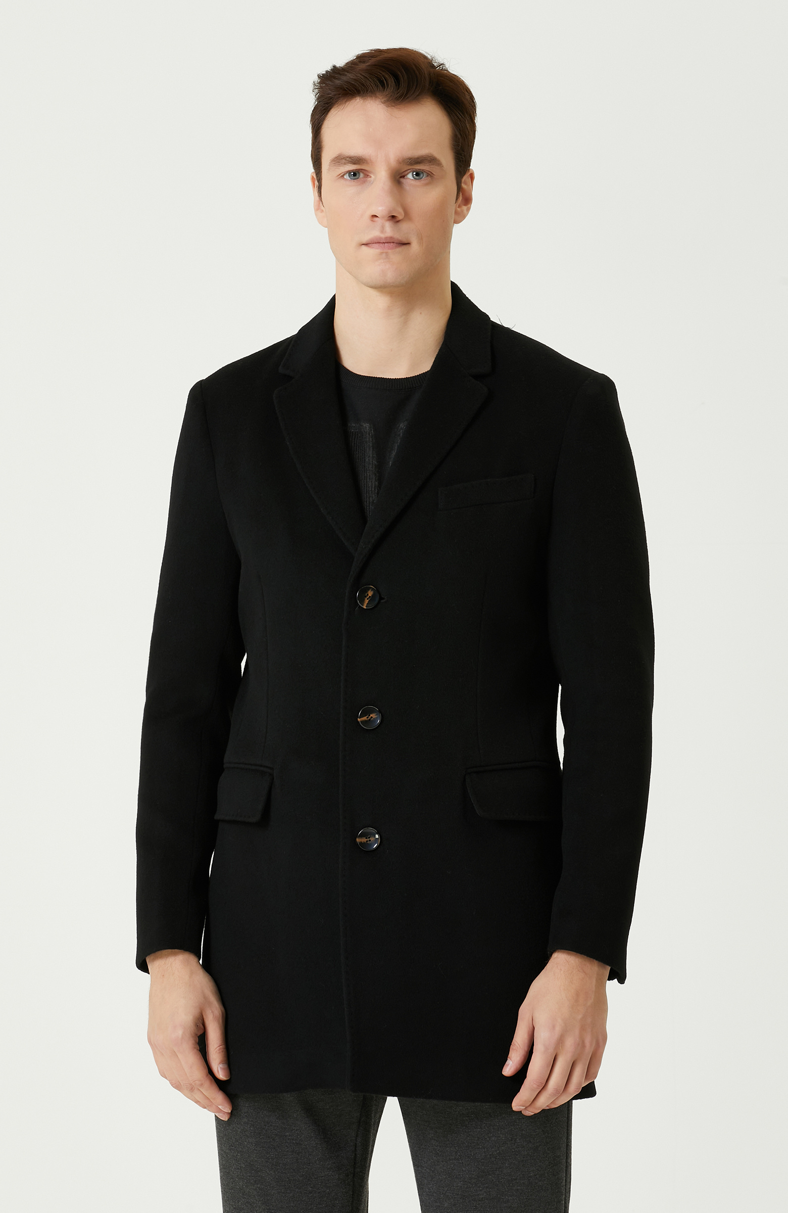 Slim Fit Siyah Yün Palto