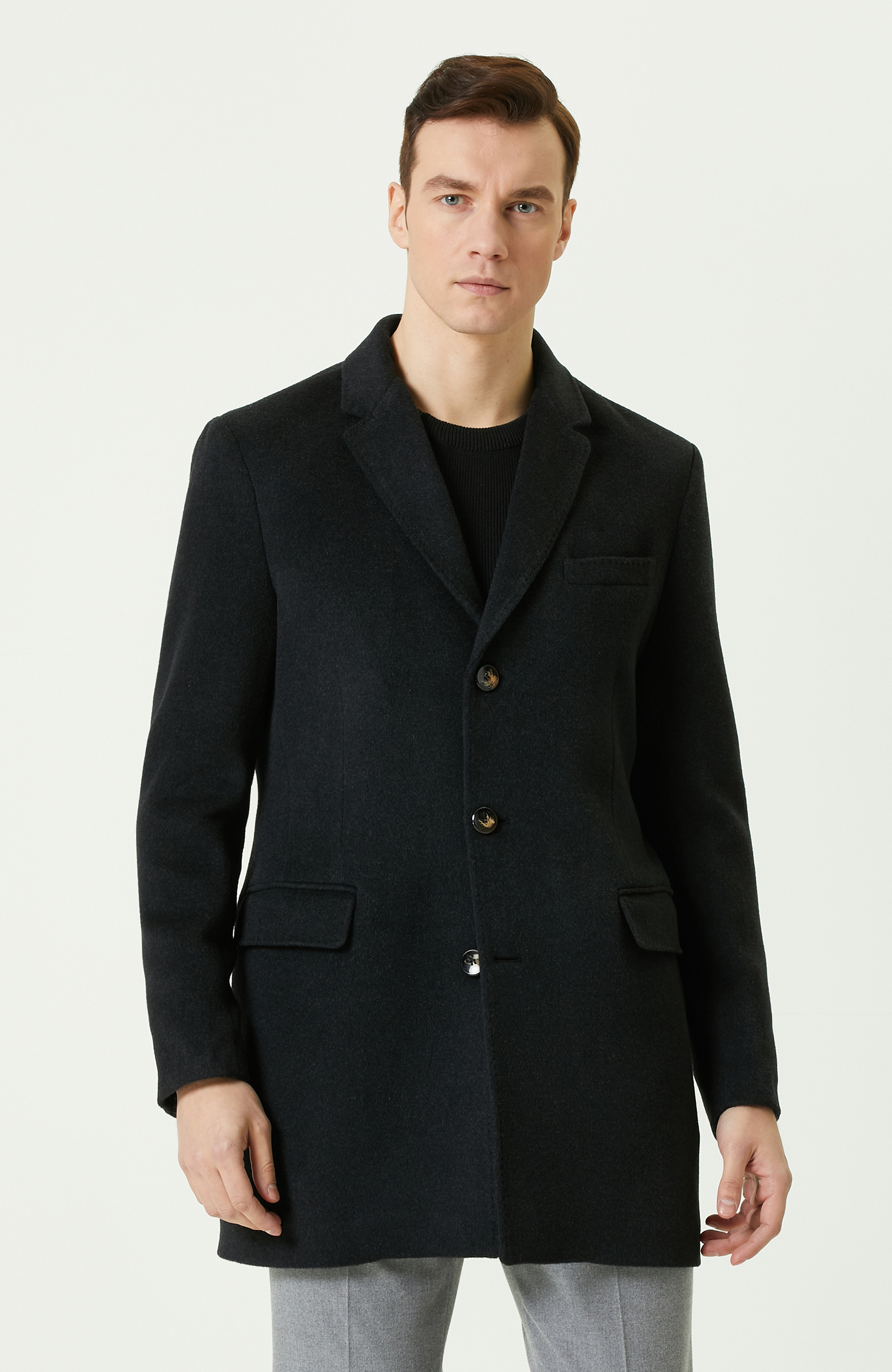 Slim Fit Antrasit Yün Palto