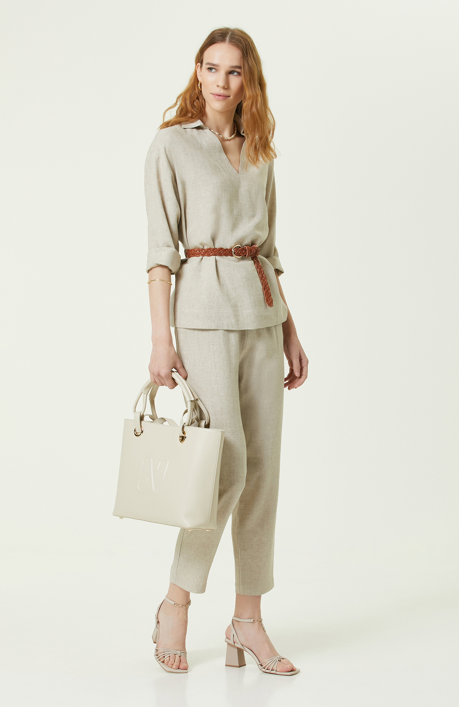 Basic Fit Bej Keten Pantolon