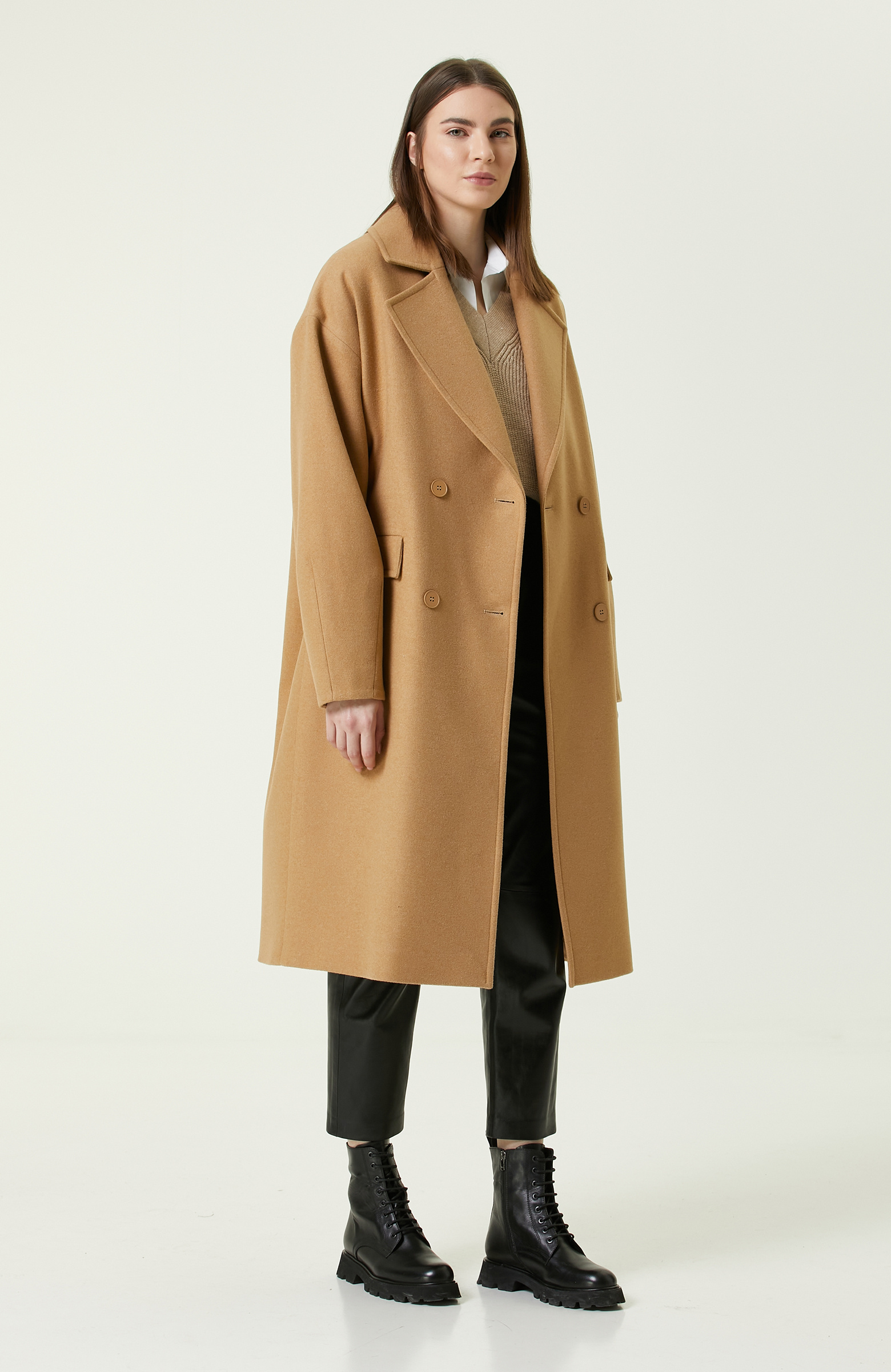 Regular Fit Bej Kruvaze Kaban