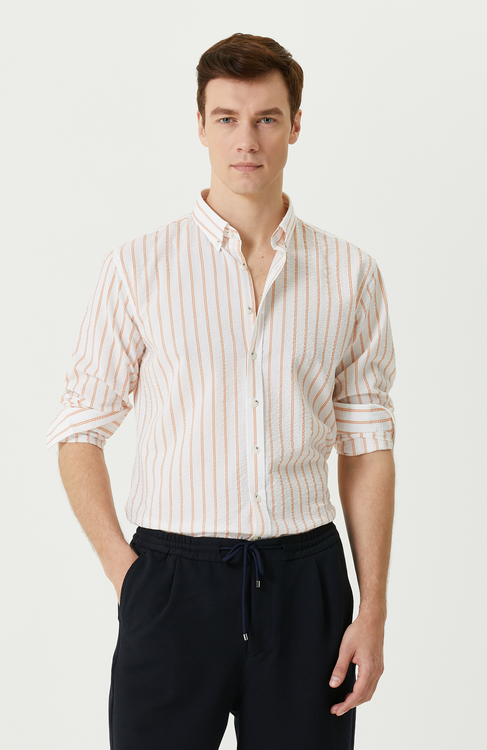 Slim Fit Beyaz Turuncu Gömlek Slim Fit Beyaz Turuncu Gömlek