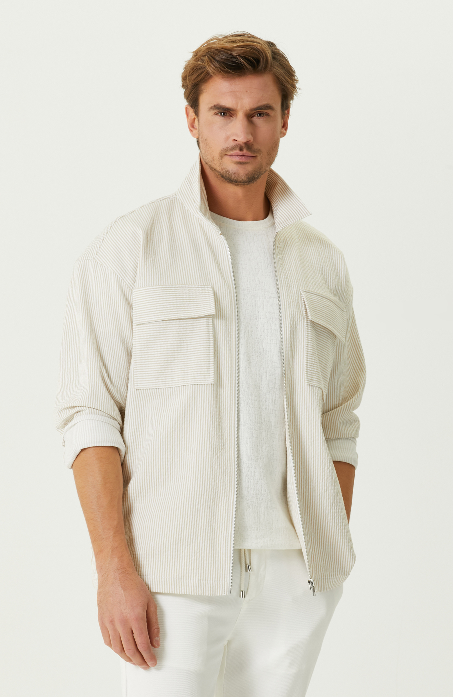 Ekru Bej Çizgili Ceket