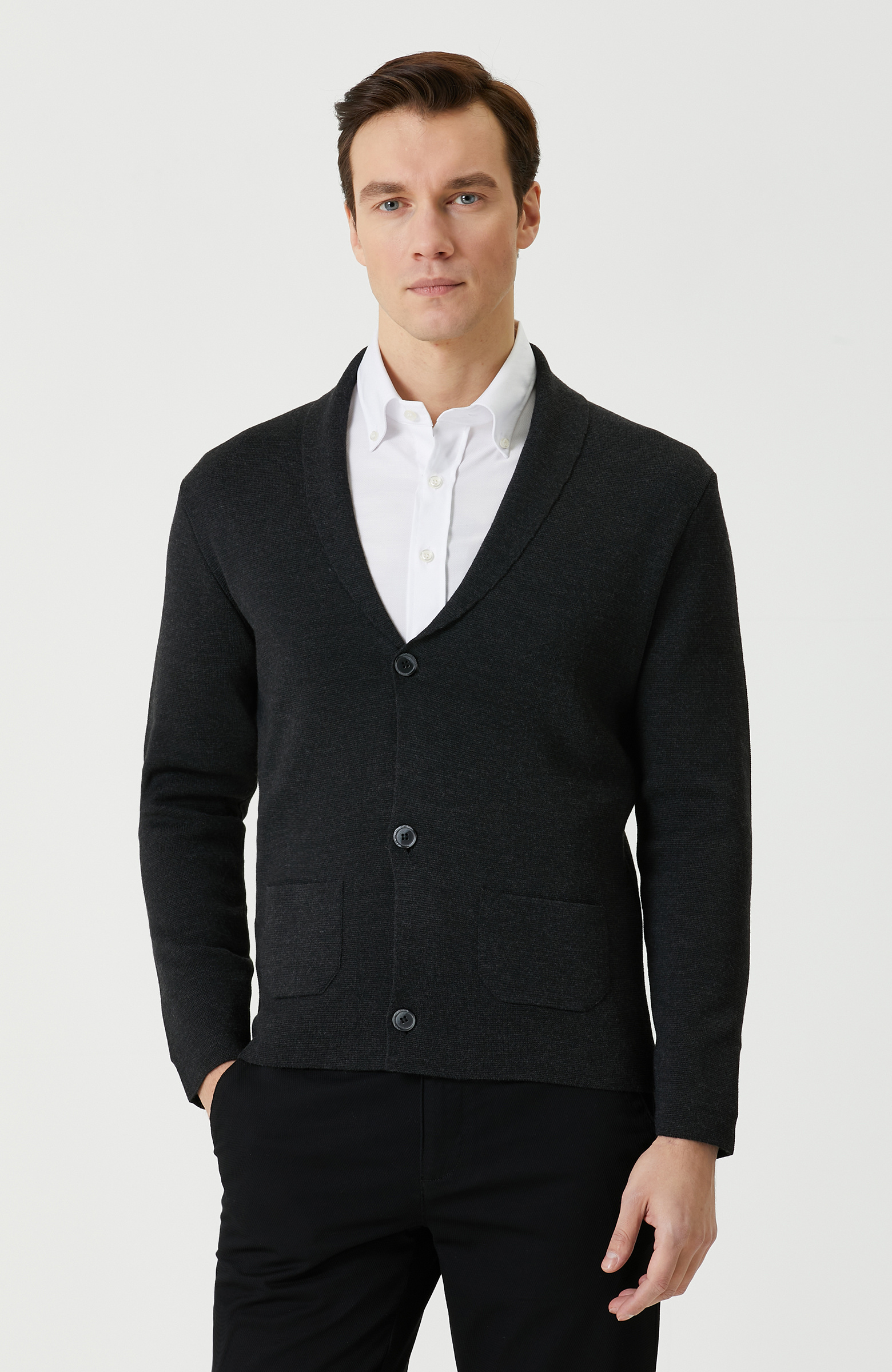 Slim Fit Antrasit Yün Triko Ceket