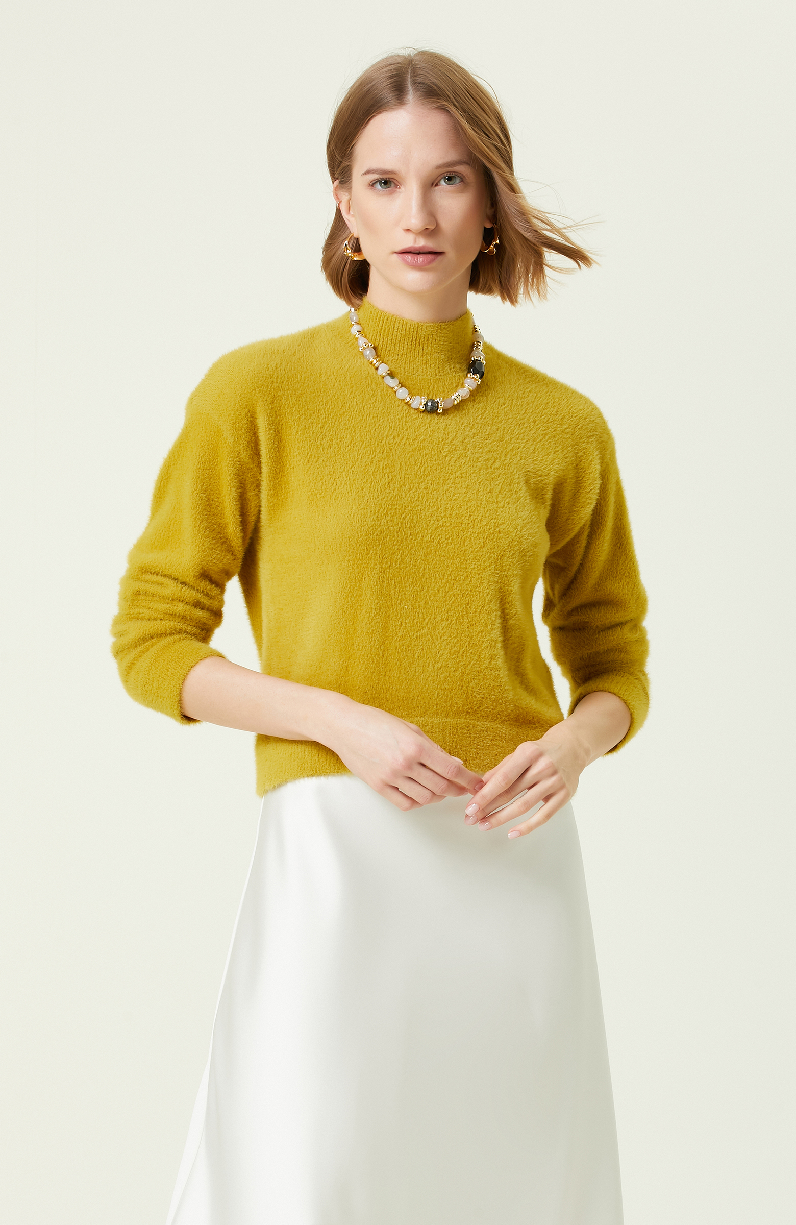 Basic Fit Yağ Yeşili Dik Yaka Uzun Kol Triko