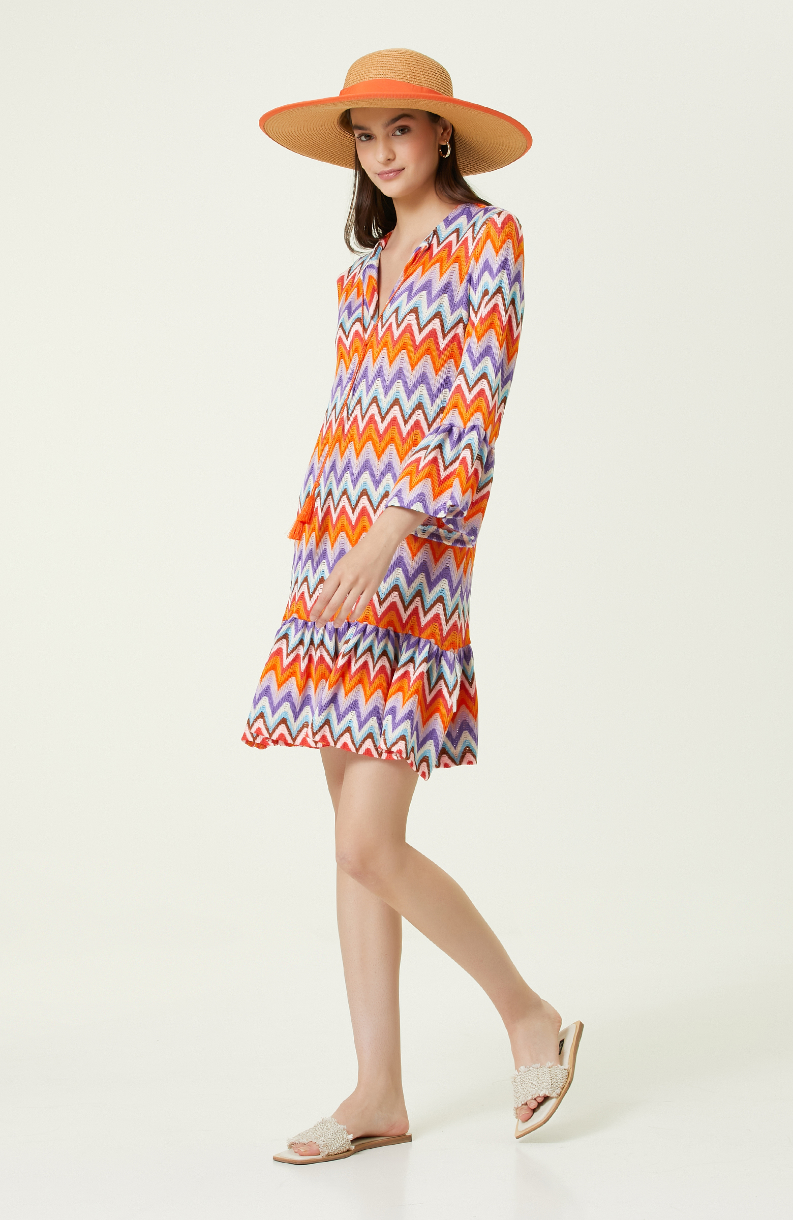 Turuncu Mor Desenli Mini Elbise Turuncu Mor Desenli Mini Elbise