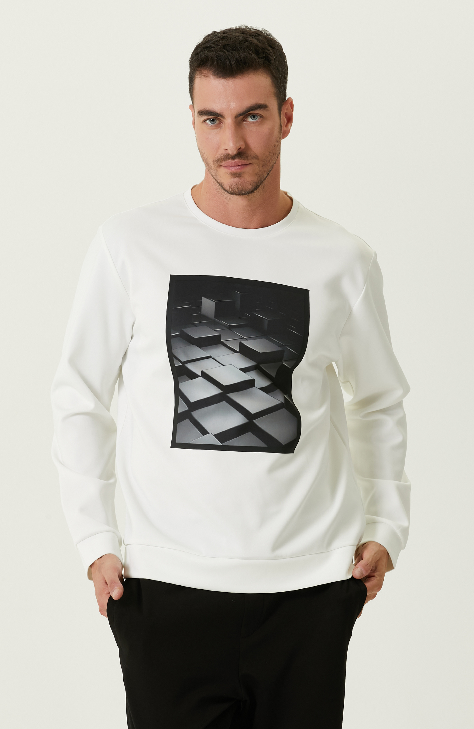 Ekru Baskılı Örme Sweatshirt