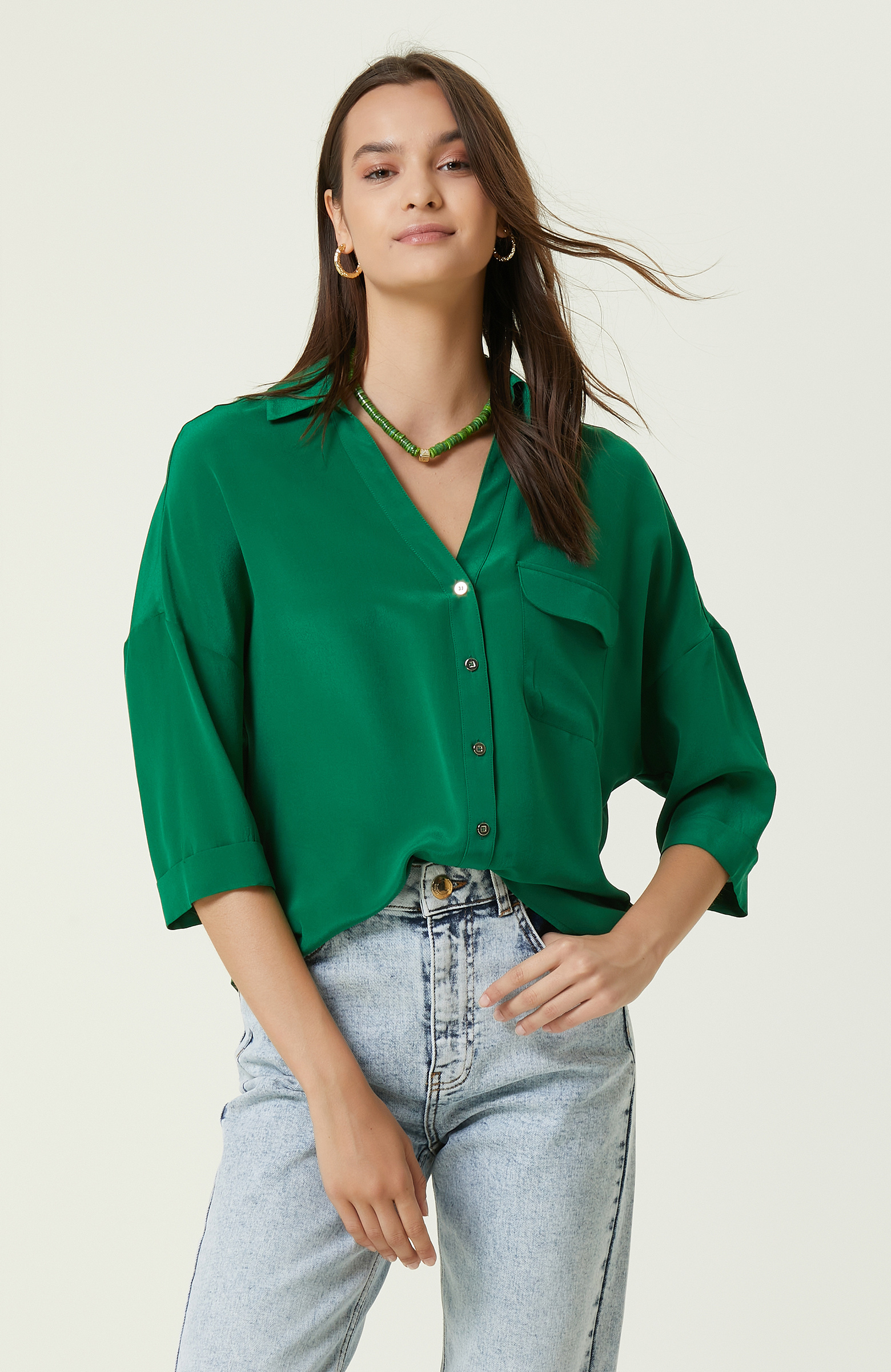 Regular Fit Yeşil İpek Gömlek