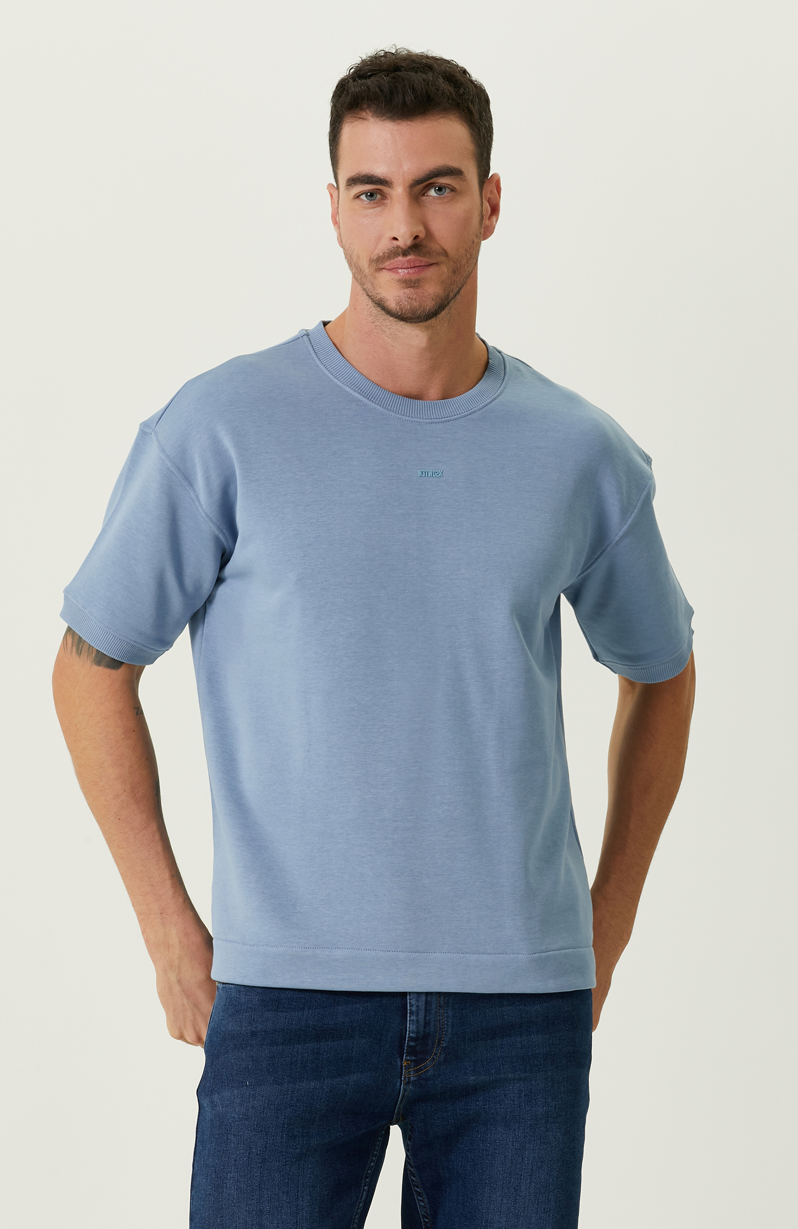 Comfort Fit Mavi Kısa Kol Penye Sweatshirt Comfort Fit Mavi Kısa Kol Penye Sweatshirt