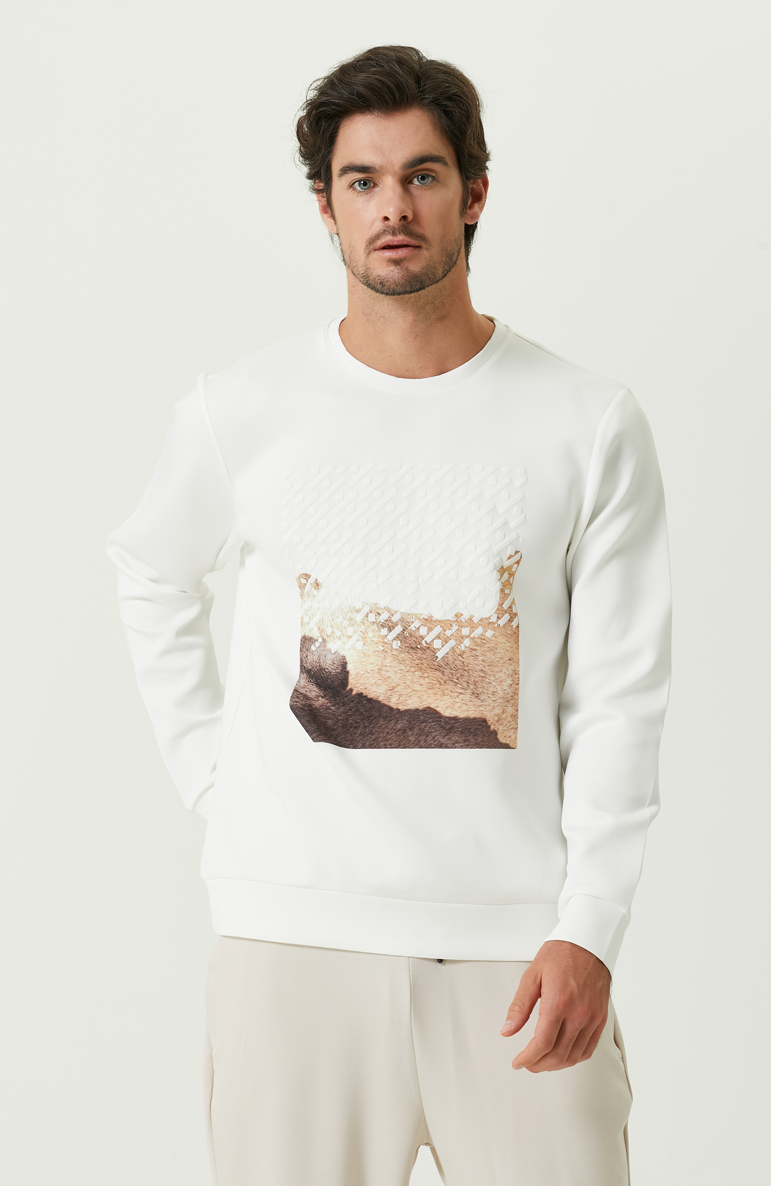 Slim Fit Ekru Baskılı Sweatshirt