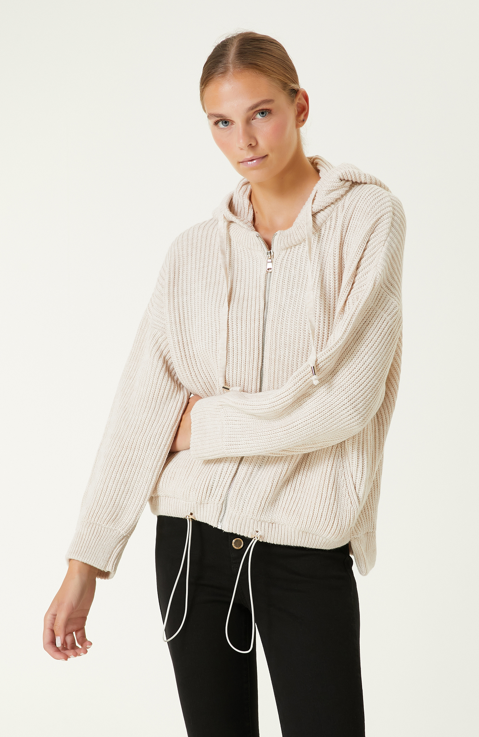 Taş Rengi Kapüşonlu Hırka