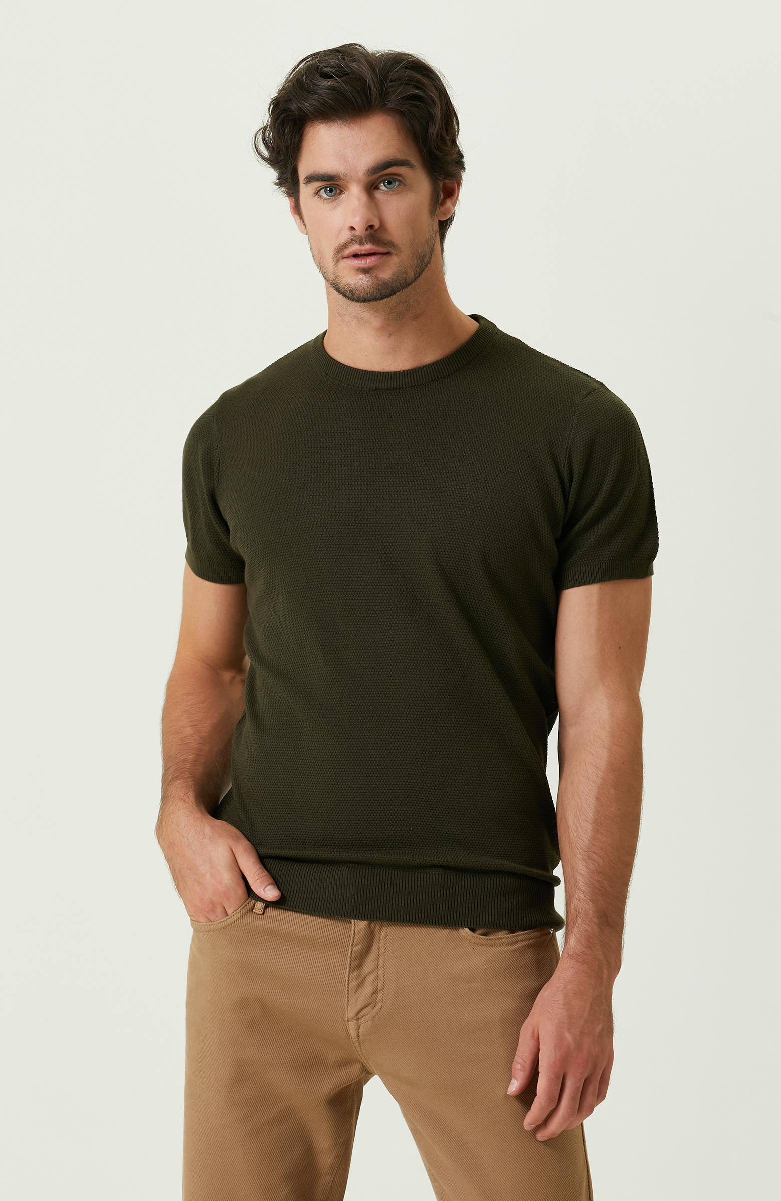 Haki Kısa Kollu Kazak