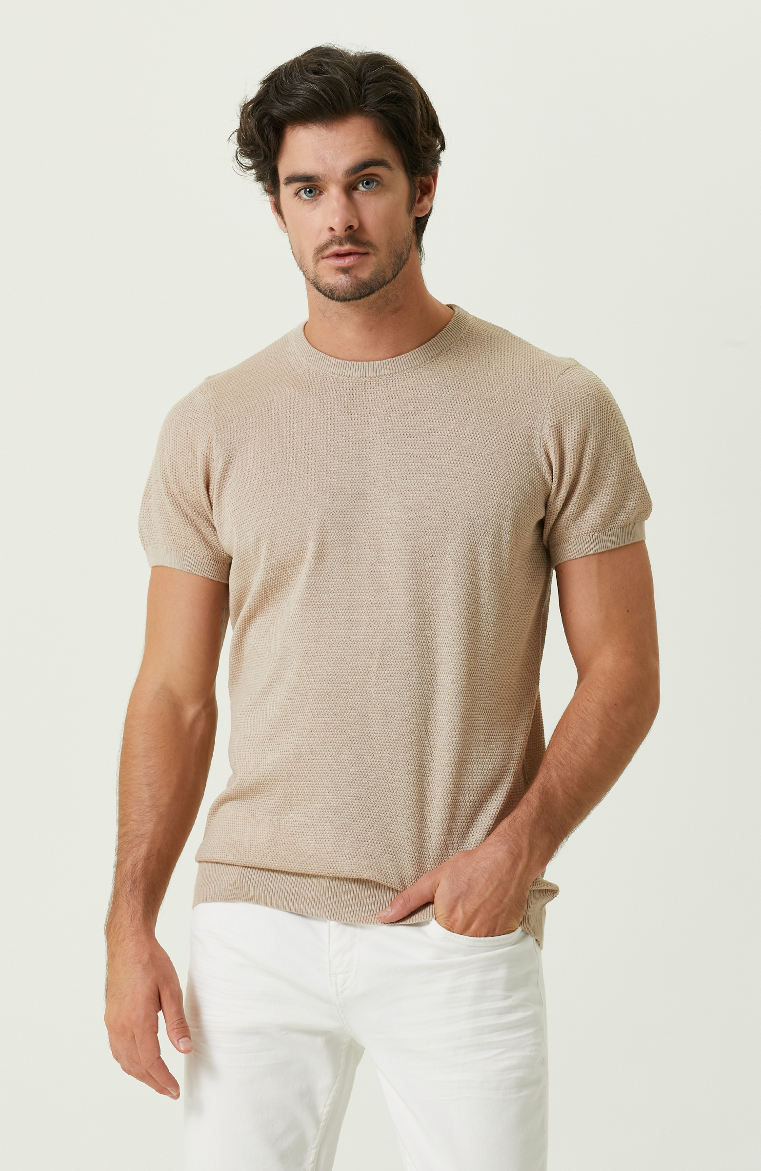 Camel Gri Melanj Kısa Kollu Kazak