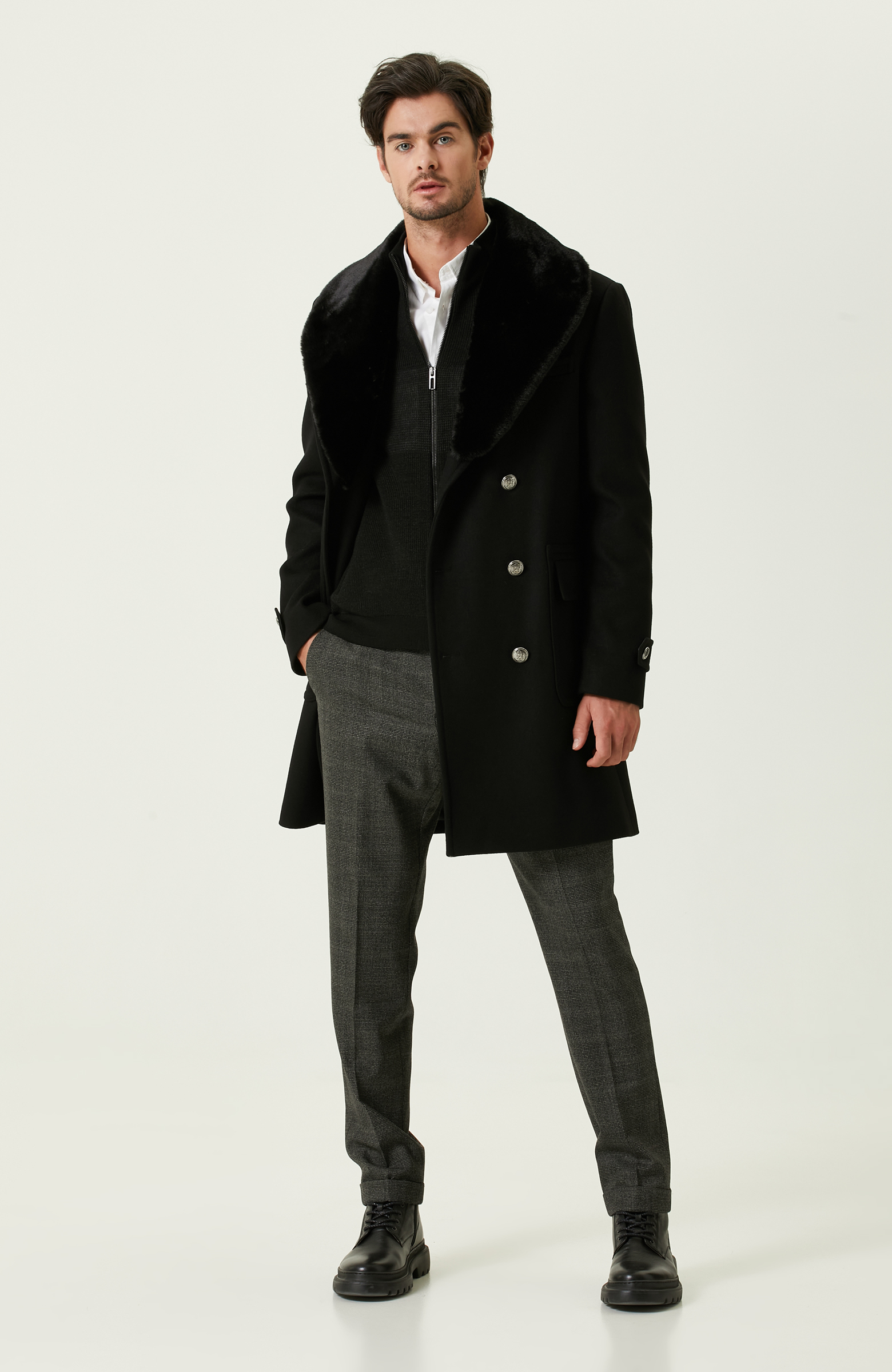 Slim Fit Siyah Antrasit Ekoseli Yün Pantolon Slim Fit Siyah Antrasit Ekoseli Yün Pantolon