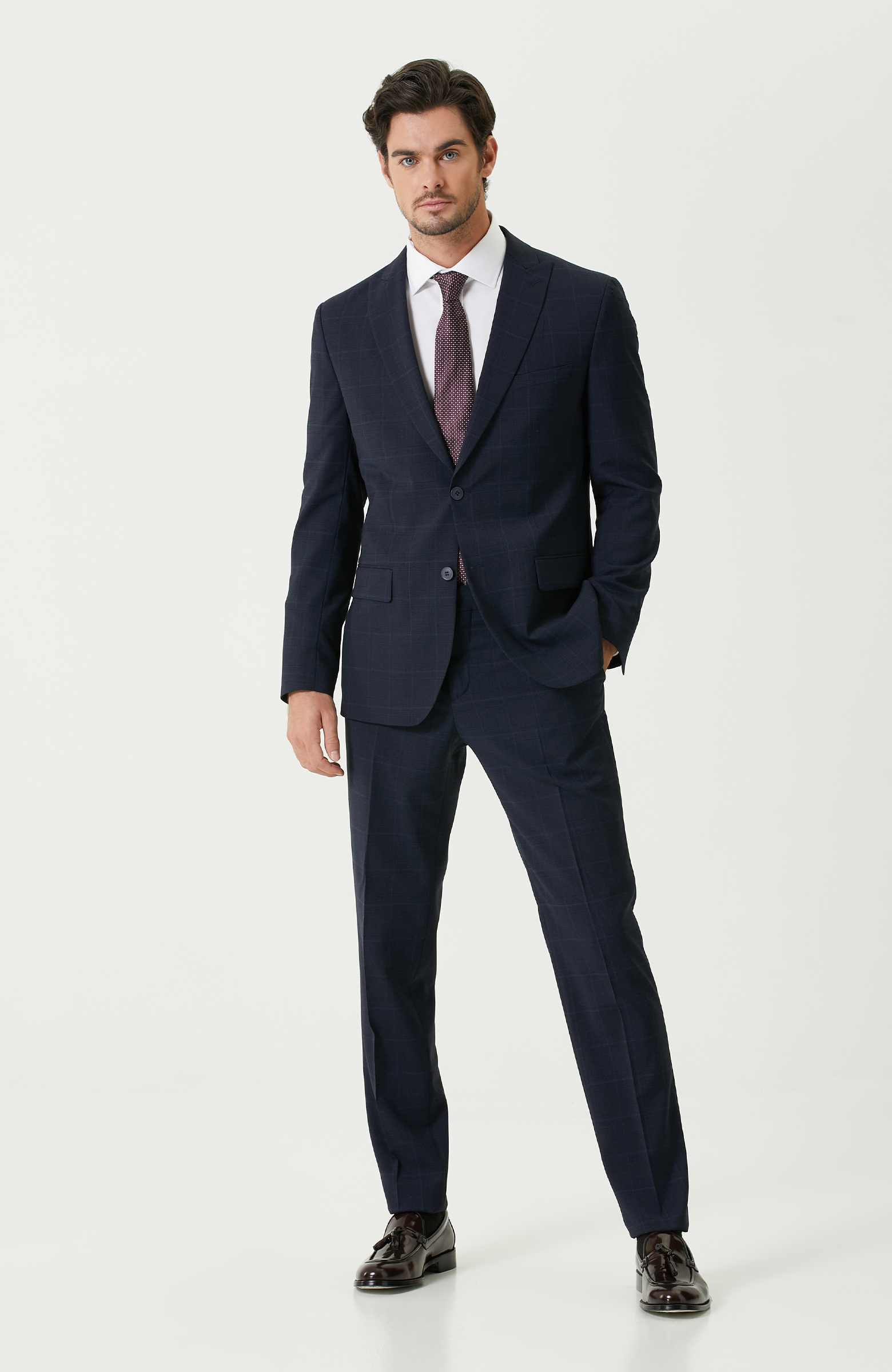 Lacivert Ekose Desenli Takım Elbise