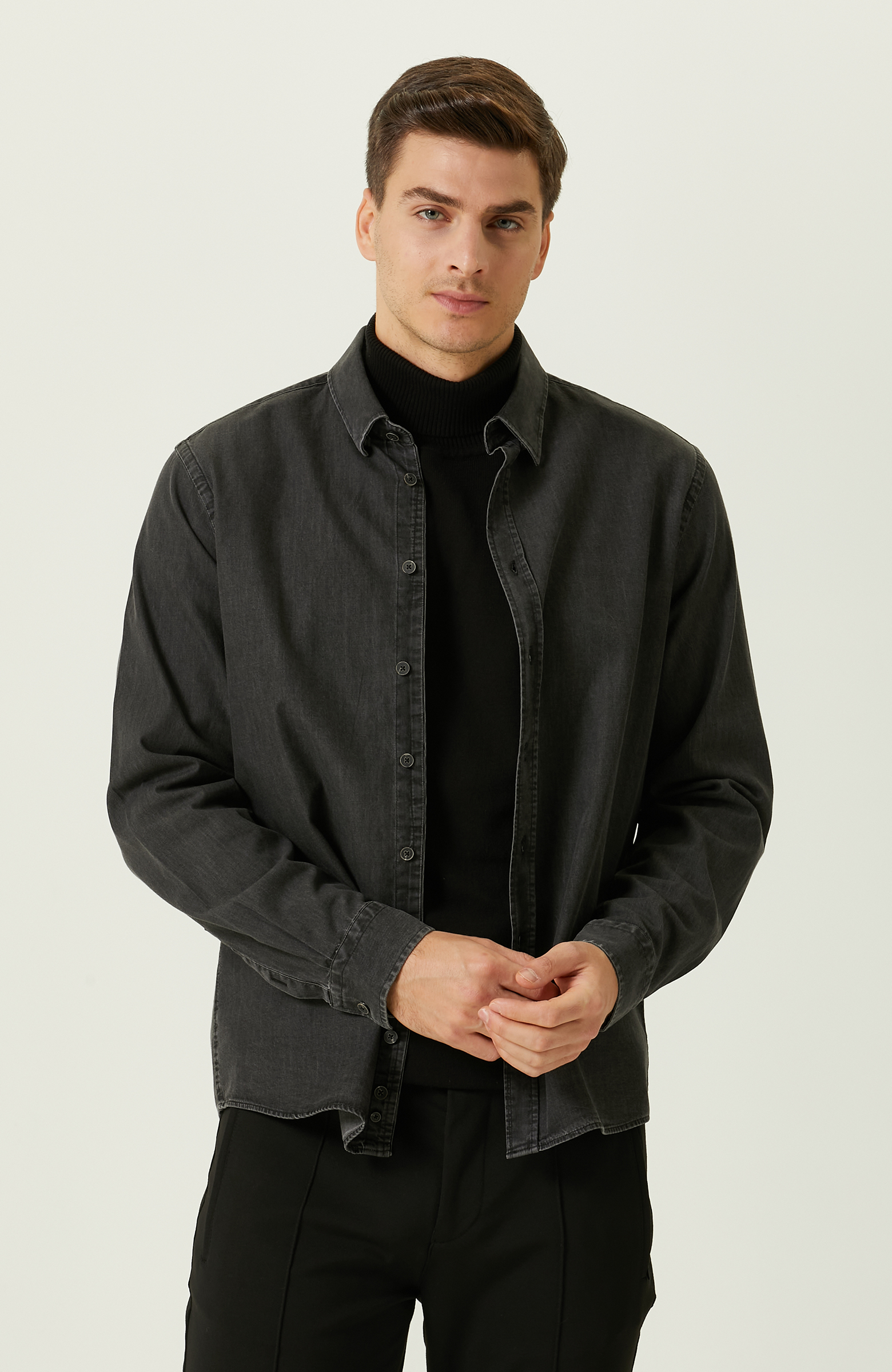 Comfort Fit Antrasit Denim Gömlek Comfort Fit Antrasit Denim Gömlek
