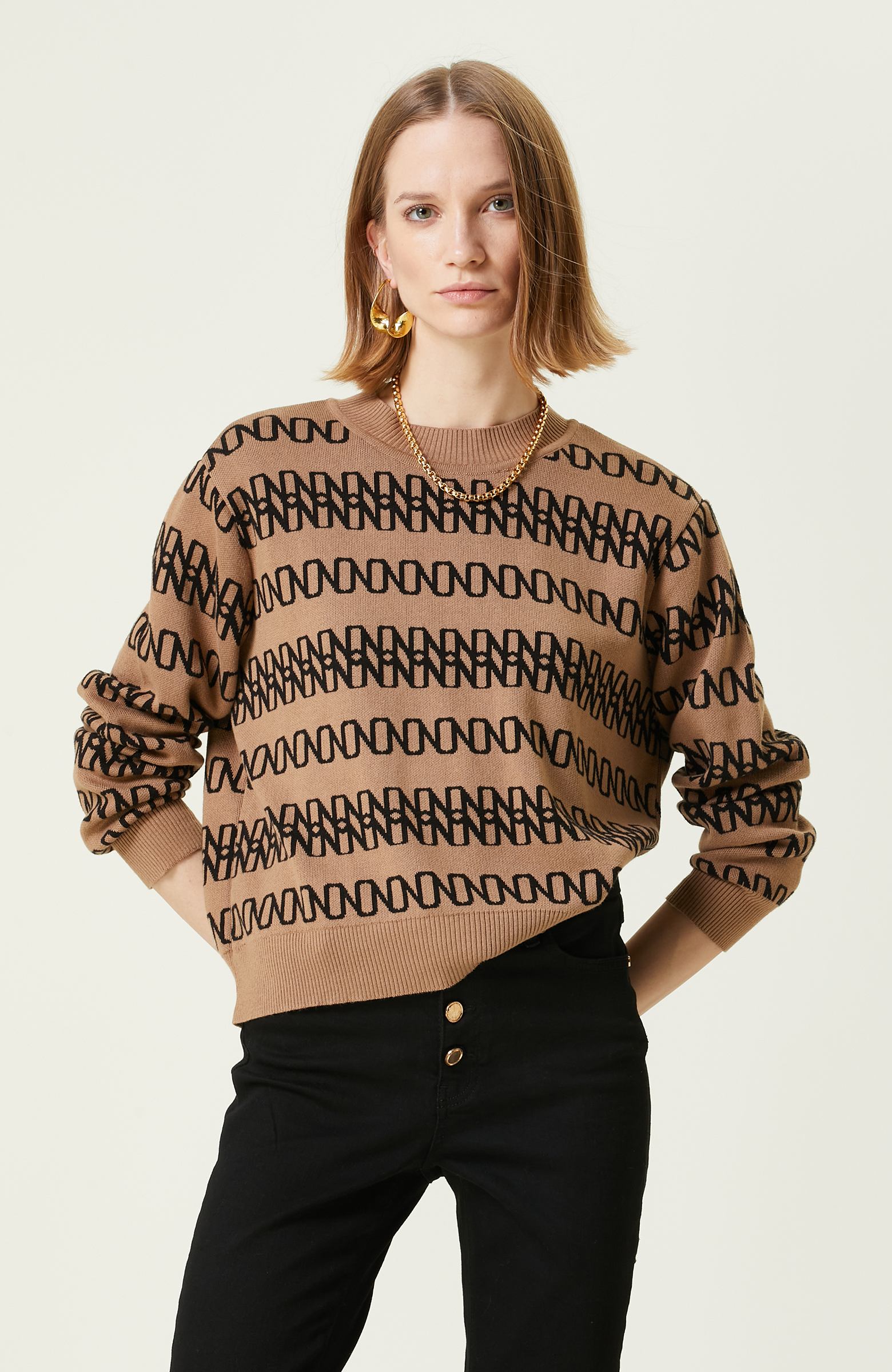 Slim Fit Camel Siyah Kazak Slim Fit Camel Siyah Kazak