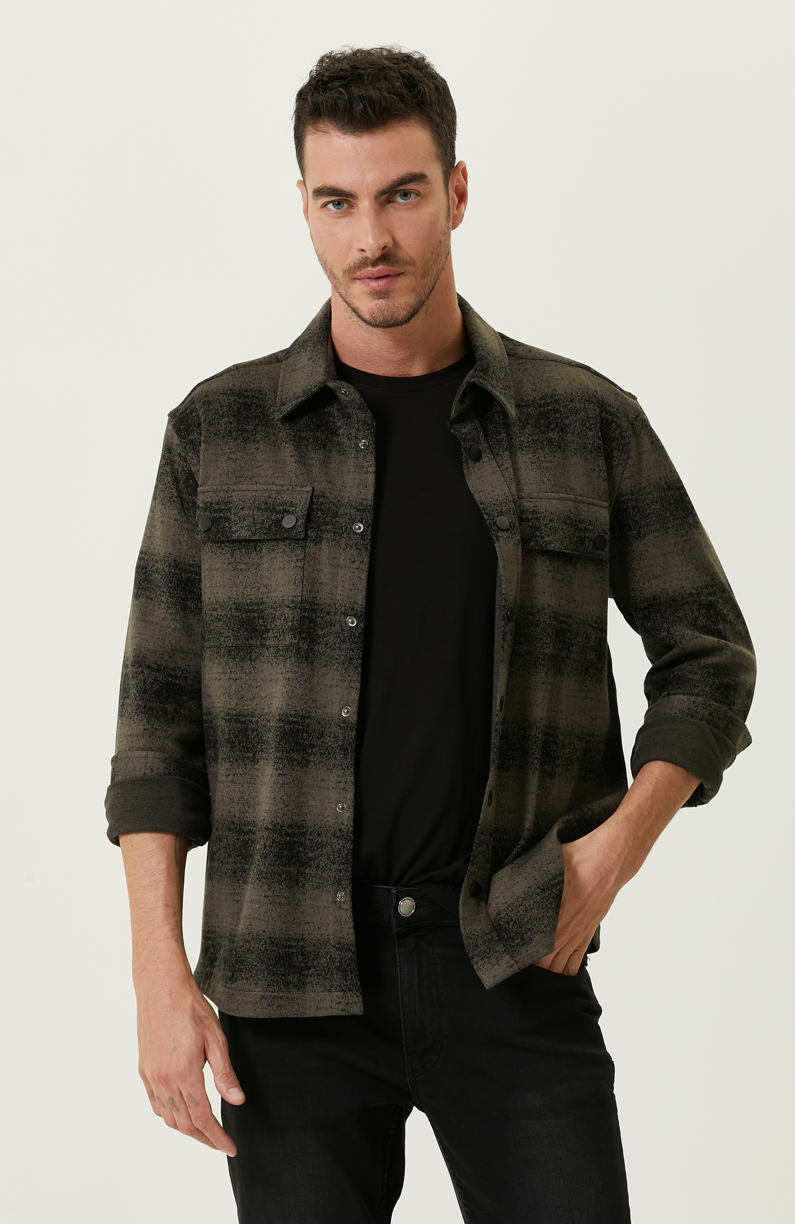 Comfort Fit Haki Jakarlı Dokuma Dış Gömlek