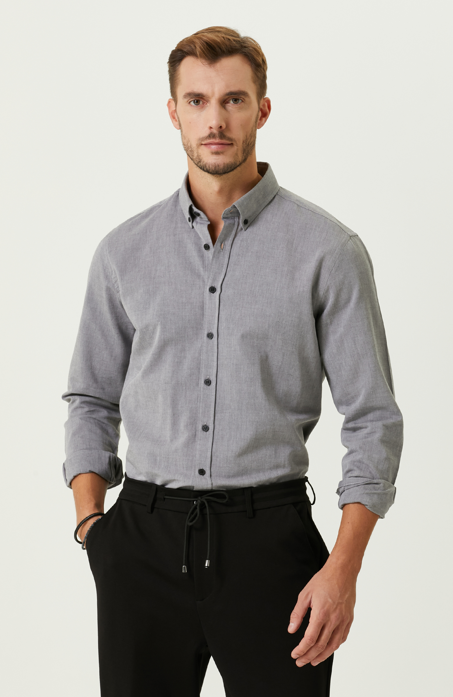 Slim Fit Siyah Dokuma Oxford Gömlek Slim Fit Siyah Dokuma Oxford Gömlek