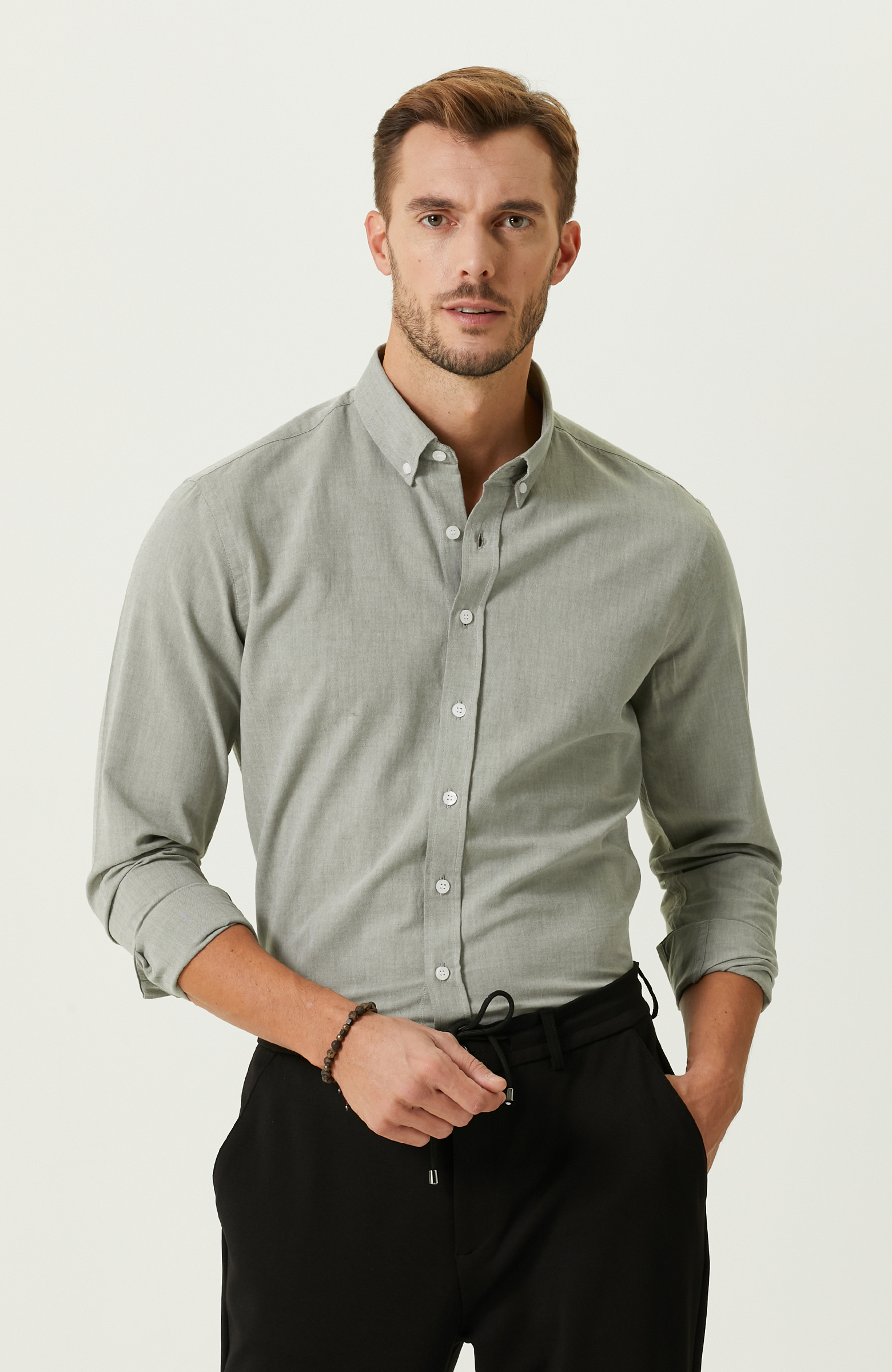 Slim Fit Haki Dokuma Oxford Gömlek Slim Fit Haki Dokuma Oxford Gömlek