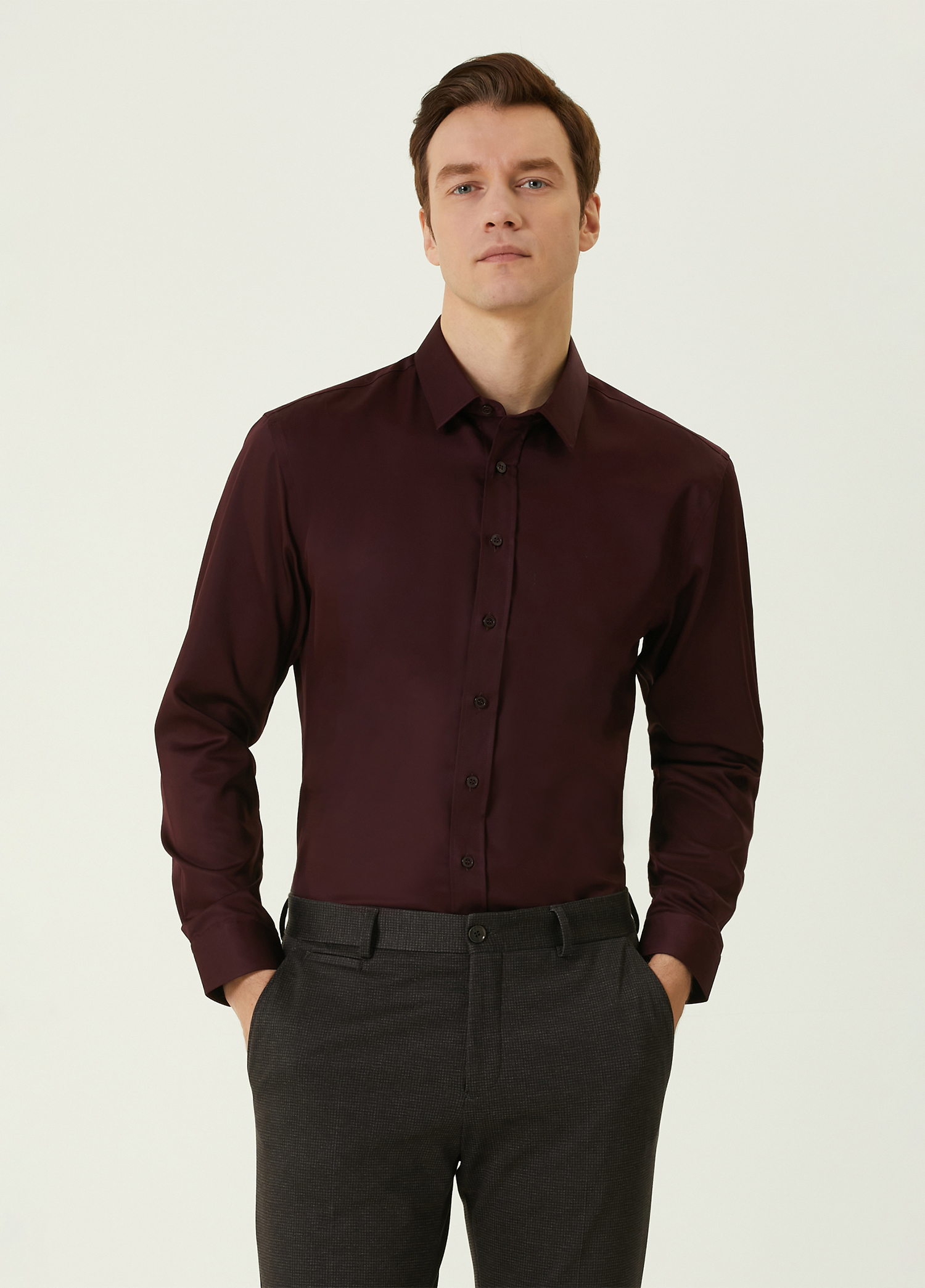 Slim Fit Bordo Non-iron Saten Gömlek Slim Fit Bordo Non-iron Saten Gömlek