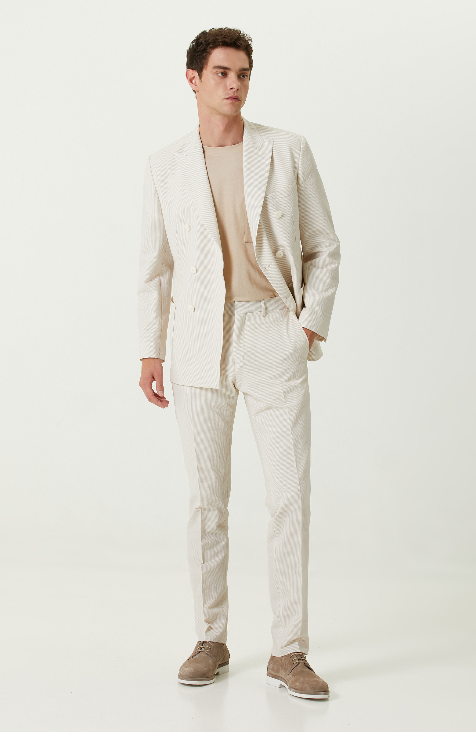 Bej Kruvaze Çizgili Takım Elbise