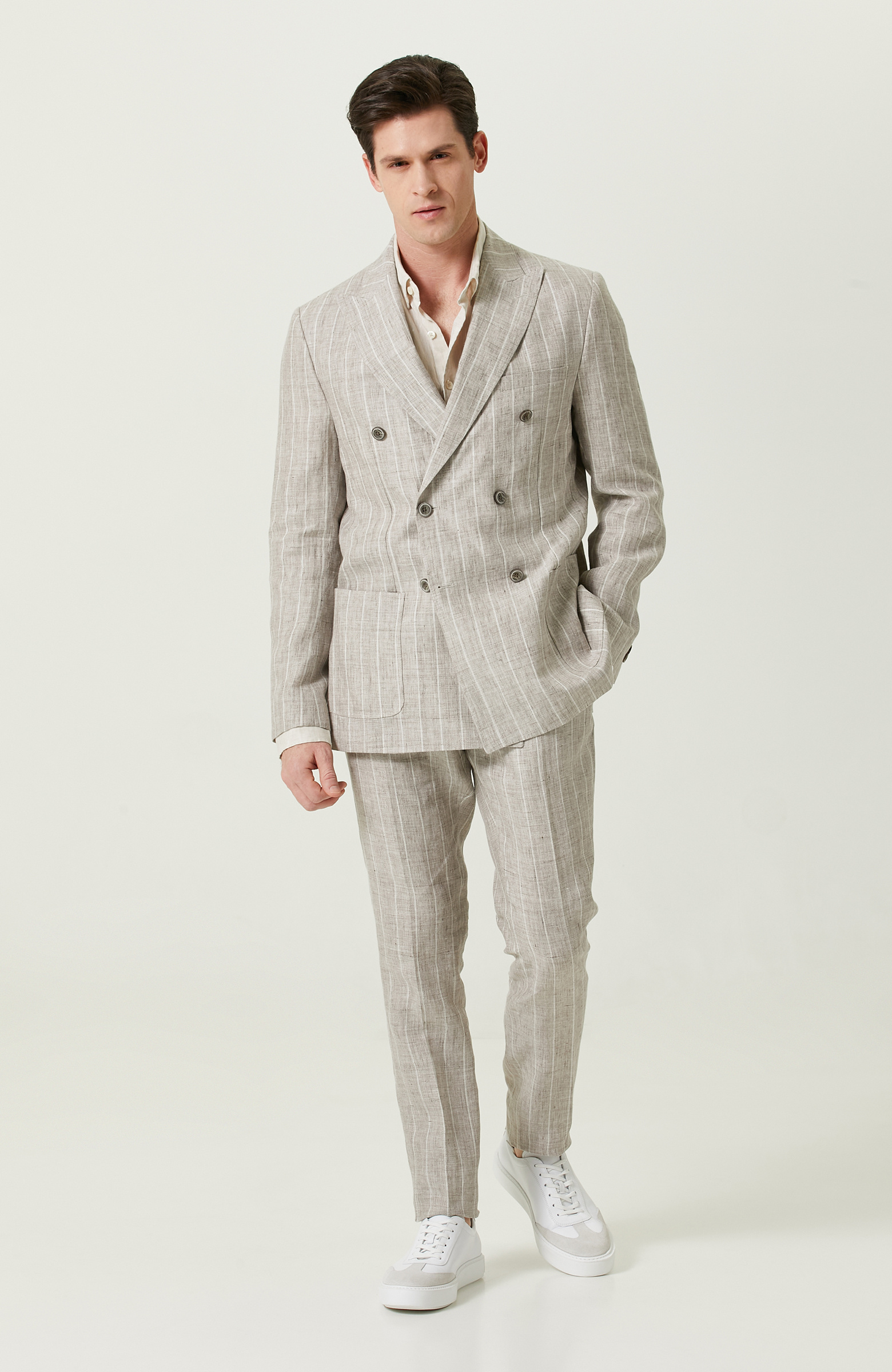 Bej Çizgili Kruvaze Takım Elbise