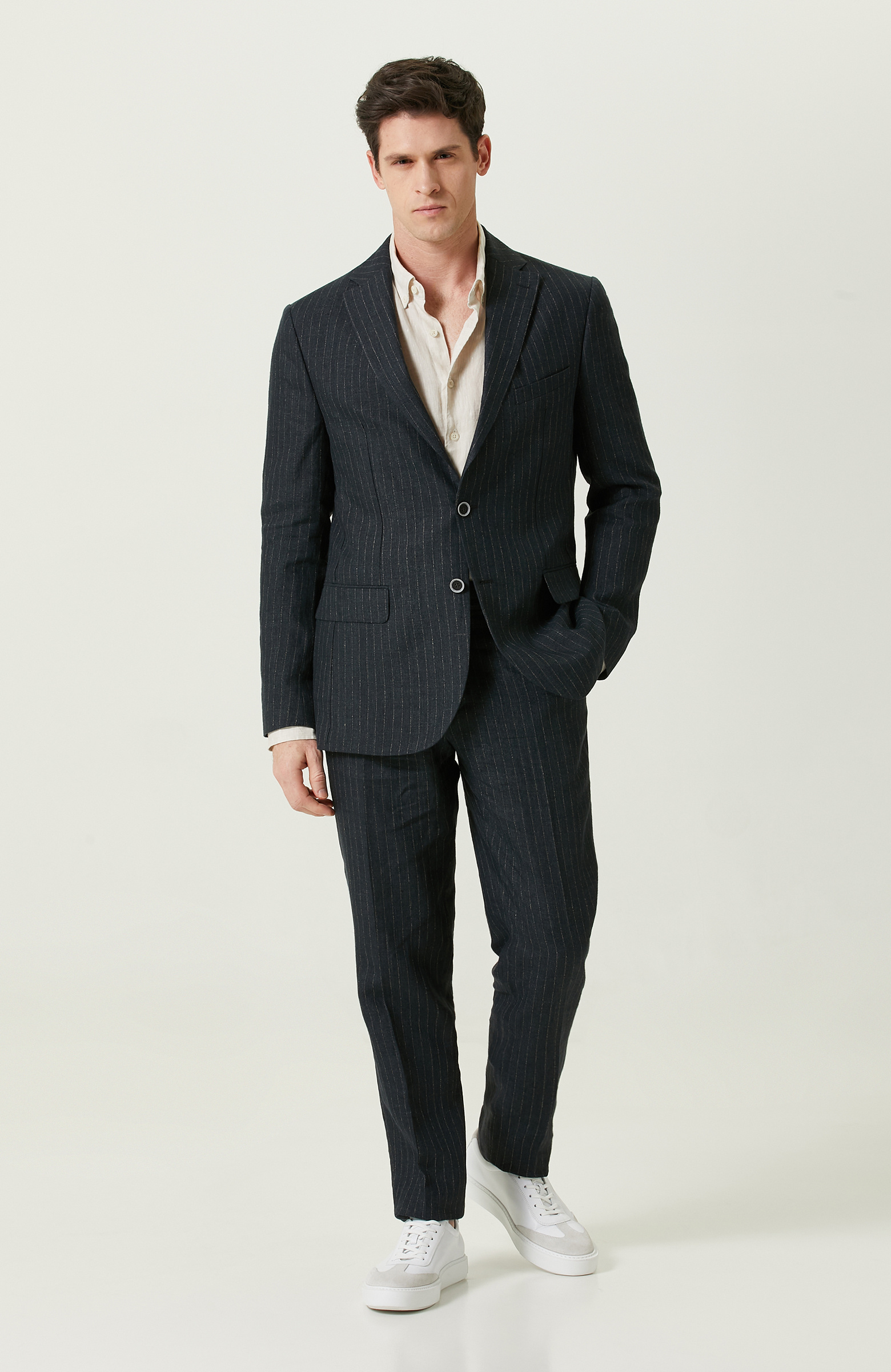 Antrasit Çizgili Keten Takım Elbise