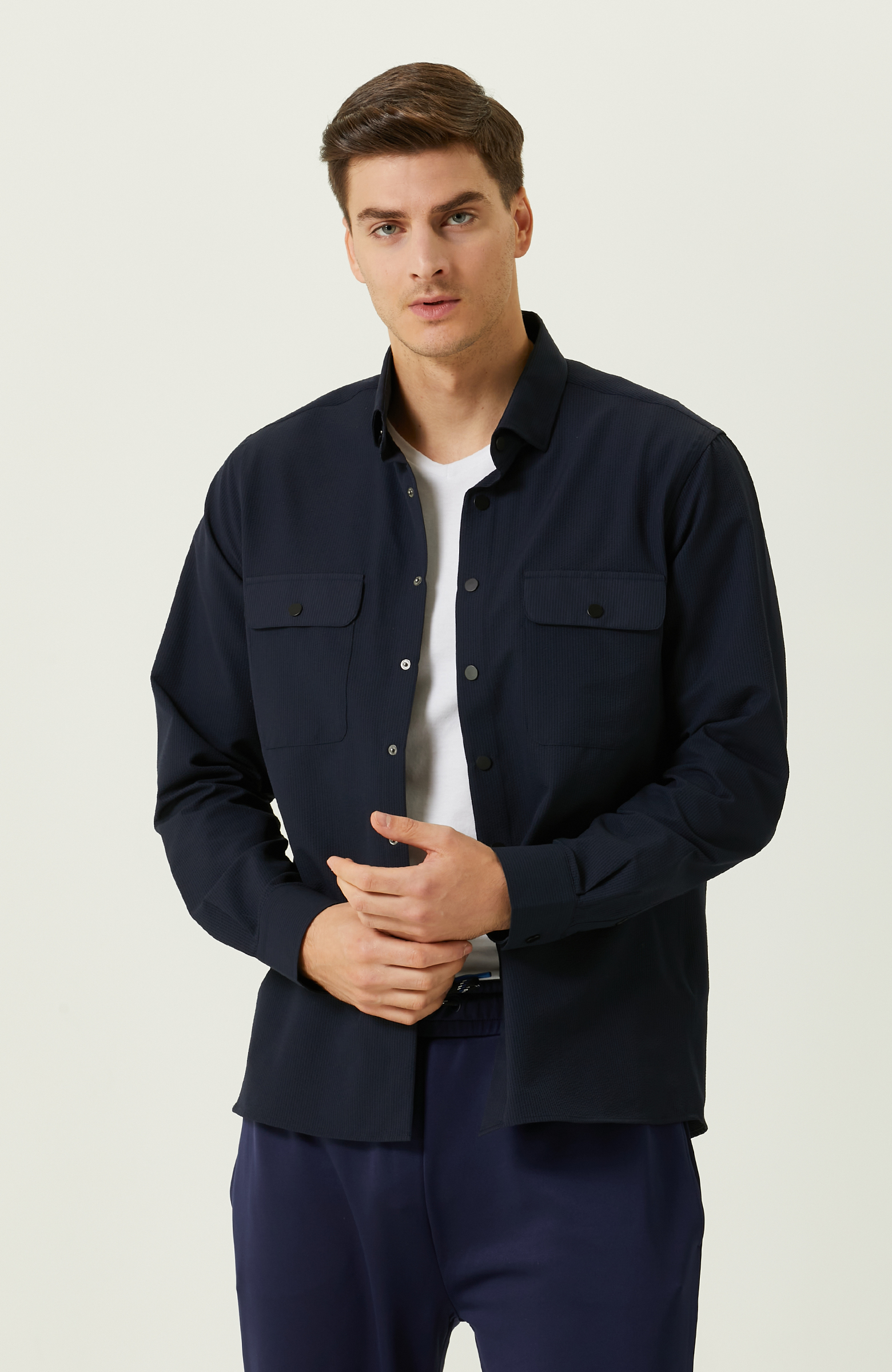 N-Tech Slim Fit Lacivert Gofreli Gömlek N-Tech Slim Fit Lacivert Gofreli Gömlek