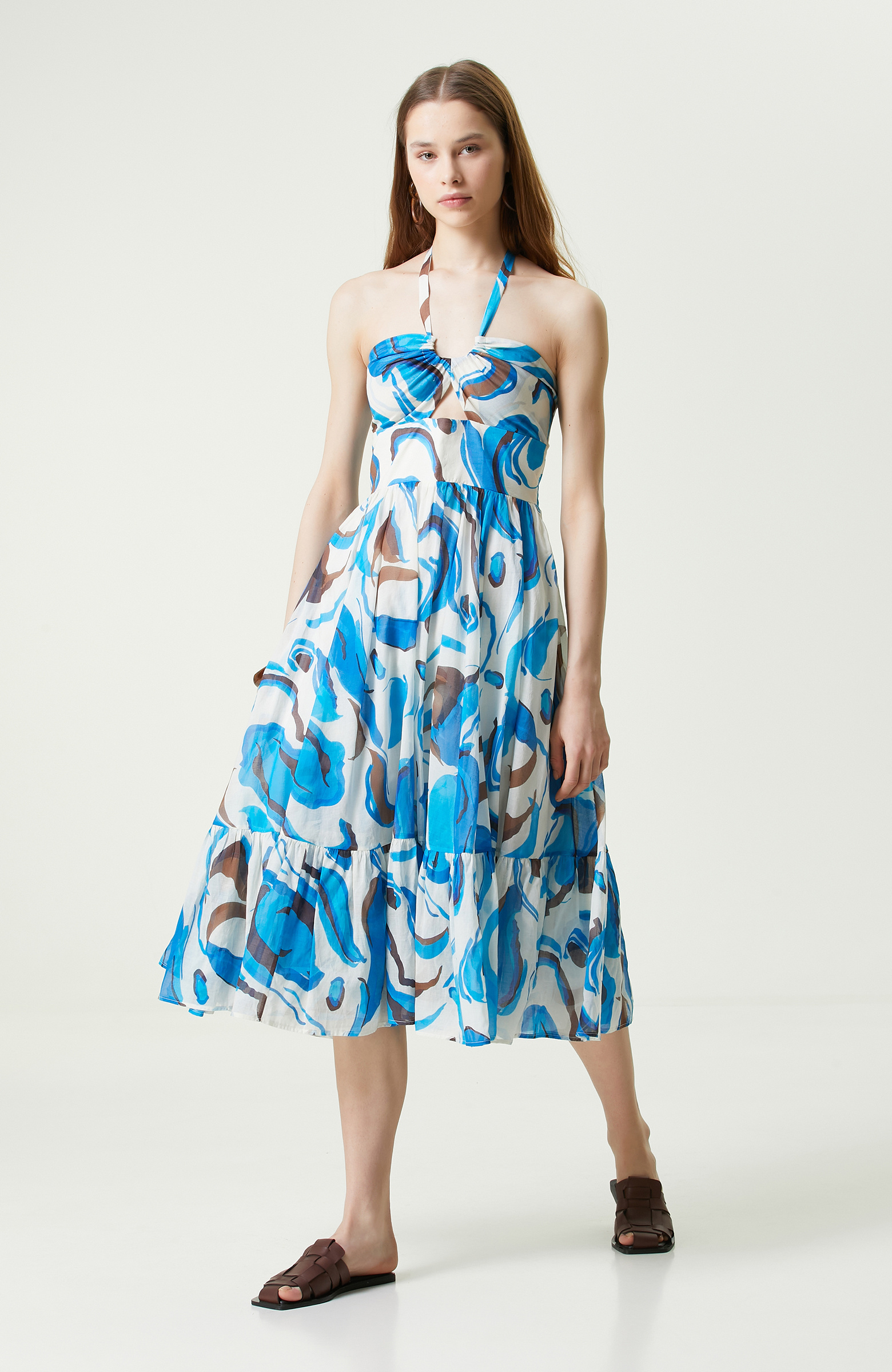 Ekru Midi Boy Askılı Elbise