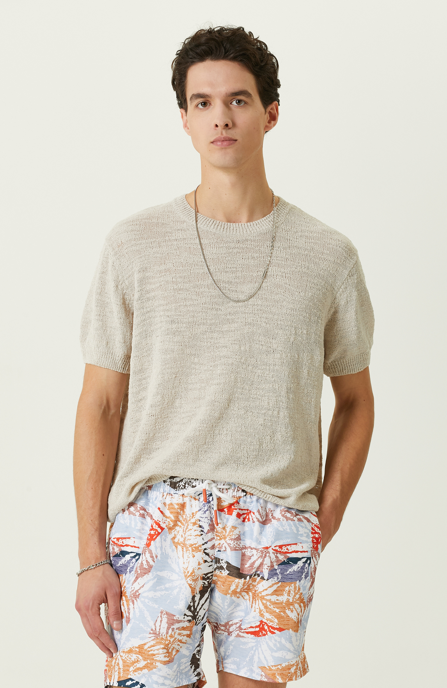 Taş Rengi Kısa Kollu Triko Kazak