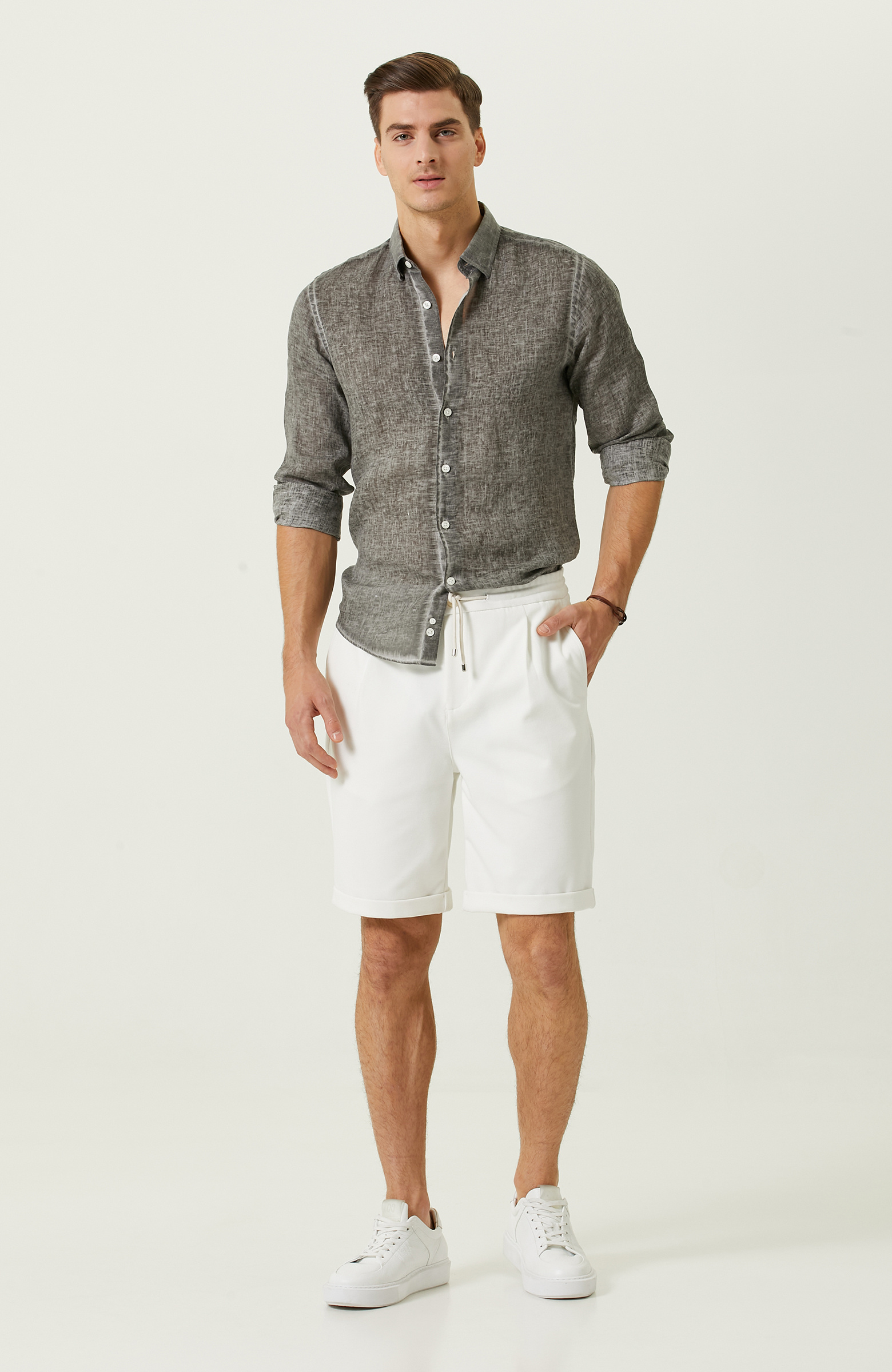 Ekru Duble Paça Örme Şort Ekru Duble Paça Örme Şort