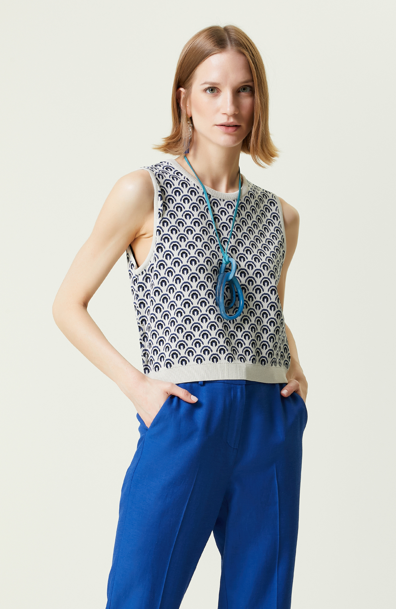 Lacivert Ekru Kolsuz Bisiklet Yaka Triko Kazak