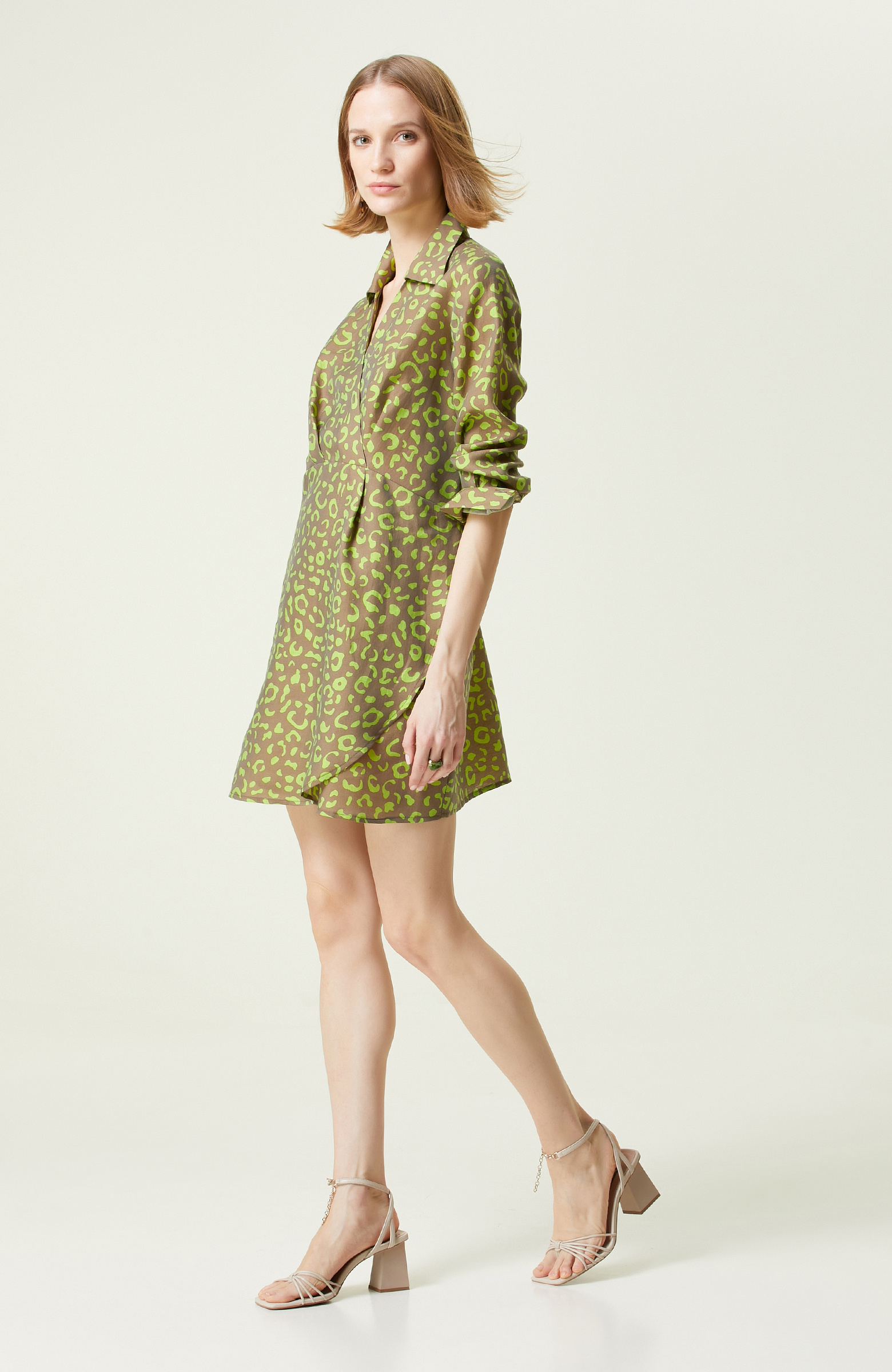 Haki Desenli Gömlek Yaka Elbise