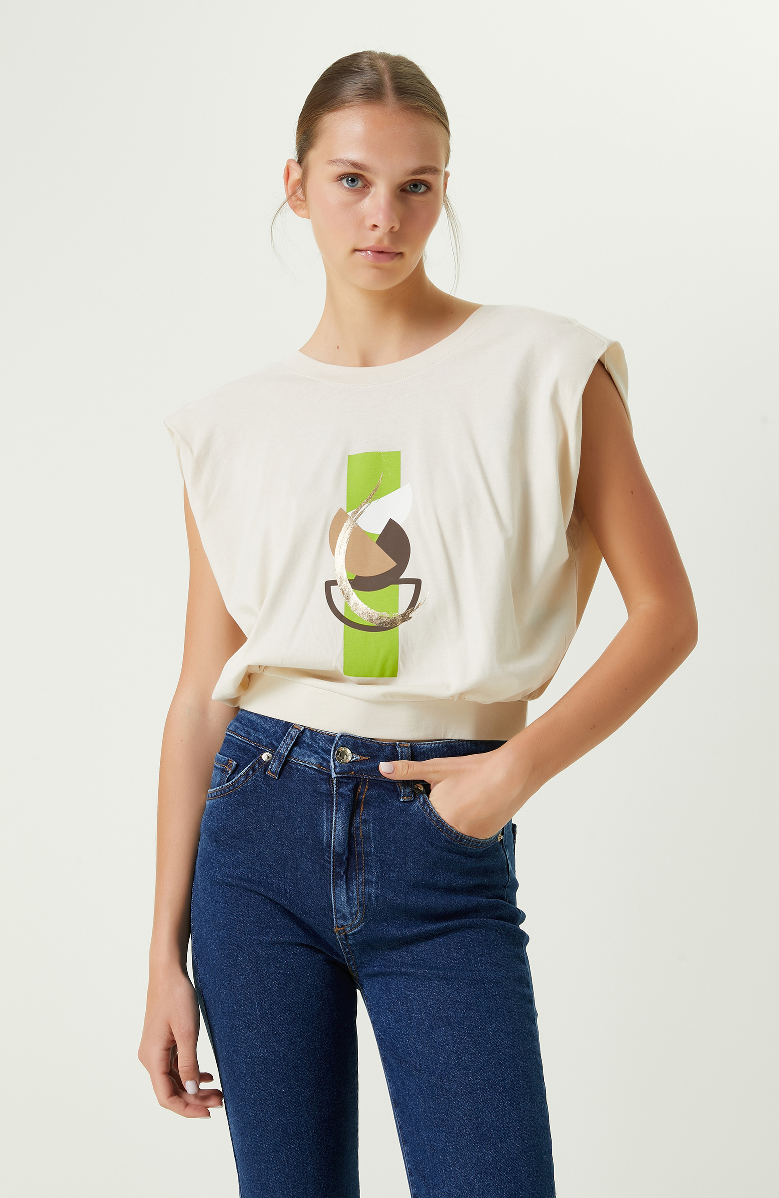 Taş Rengi Baskılı Kolsuz Crop Tshirt
