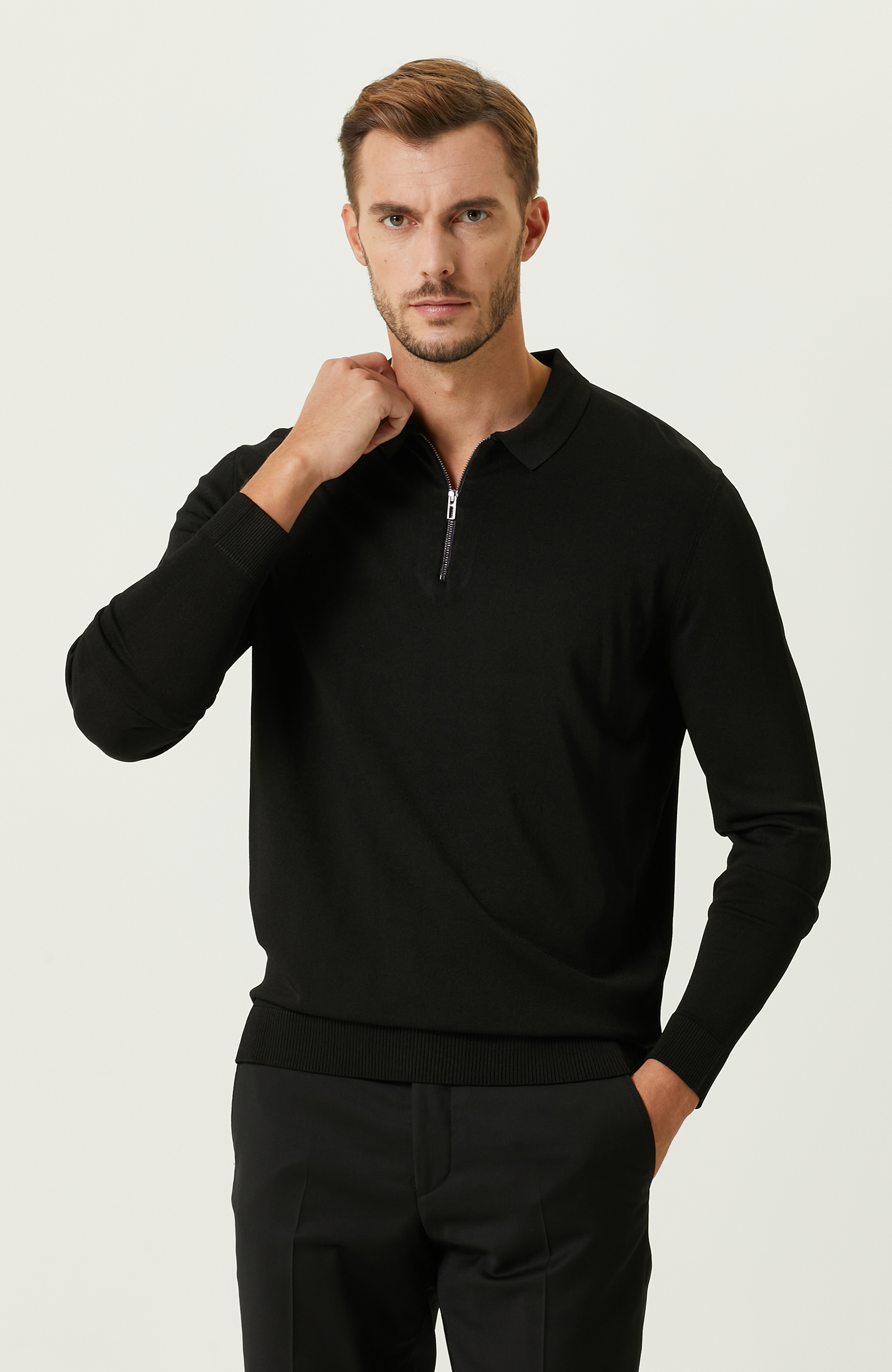 Slim Fit Polo Yaka Fermuarlı Triko