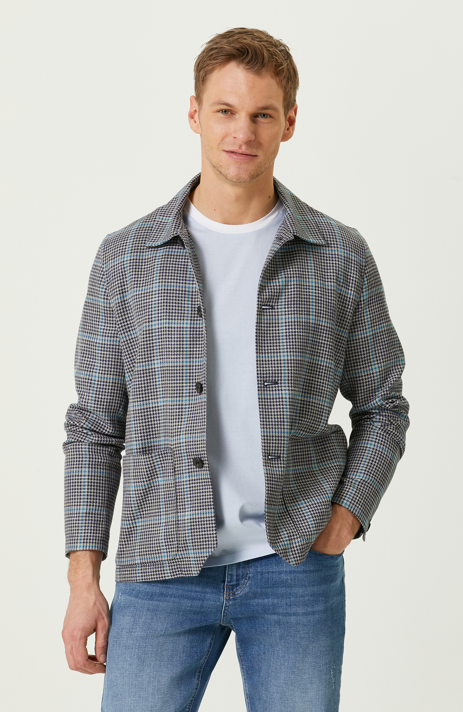 Turkuaz Beyaz Kazayağı Gömlek