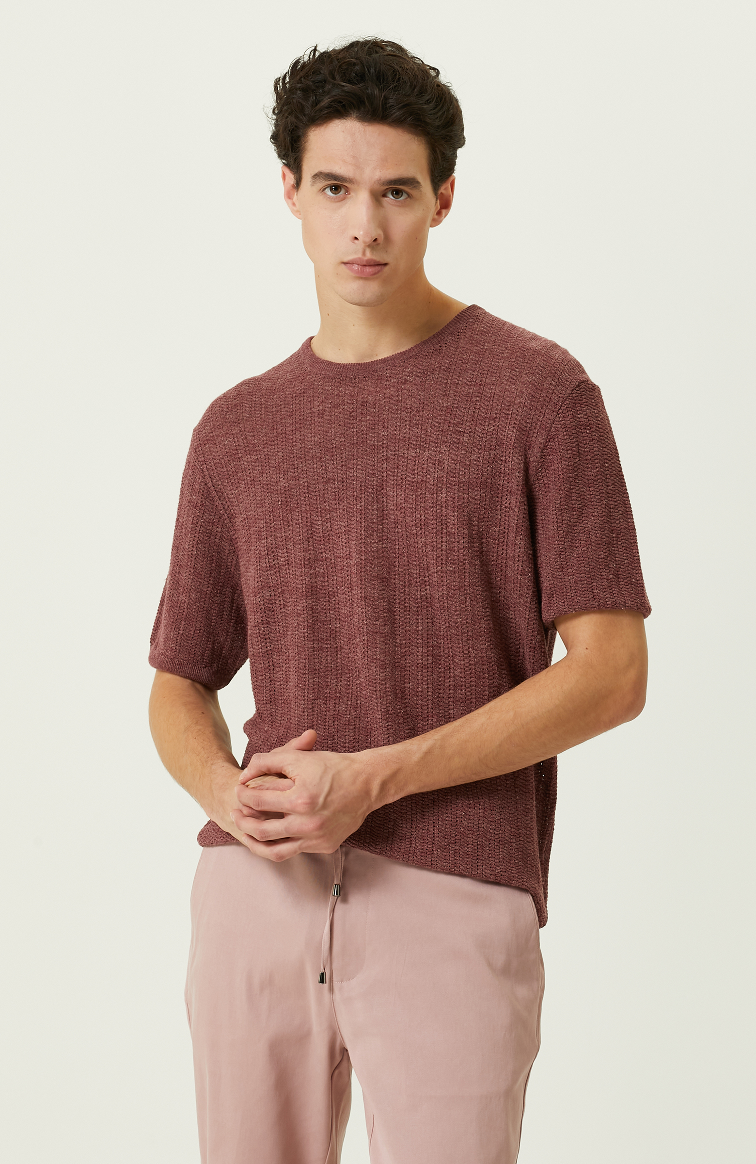 Gül Kurusu Kısa Kollu Bisiklet Yaka Keten Triko Kazak