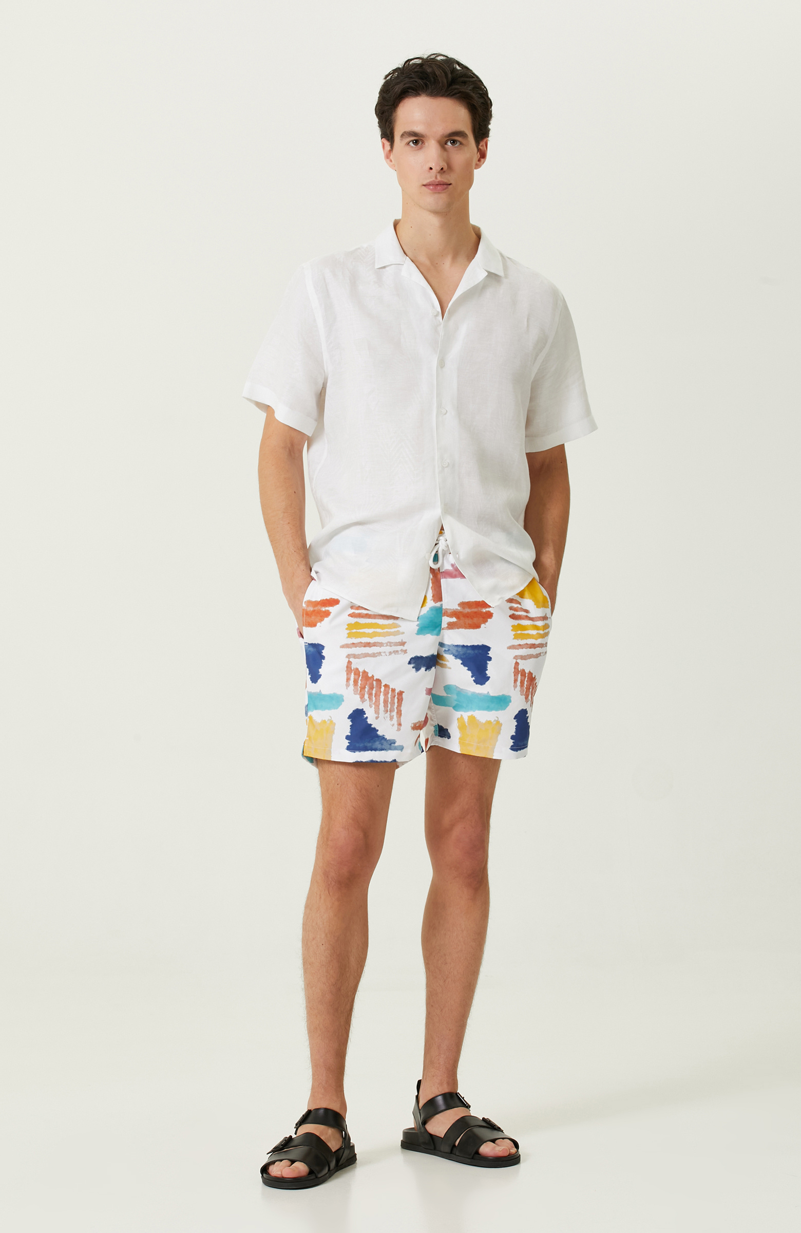 Safran Desenli Beli Lastikli Şort Mayo