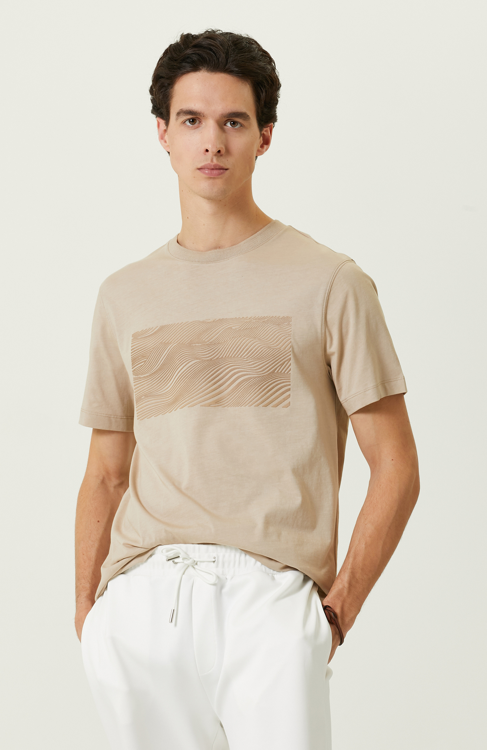 N-Tech Bej Baskılı Bisiklet Yaka  T-shirt