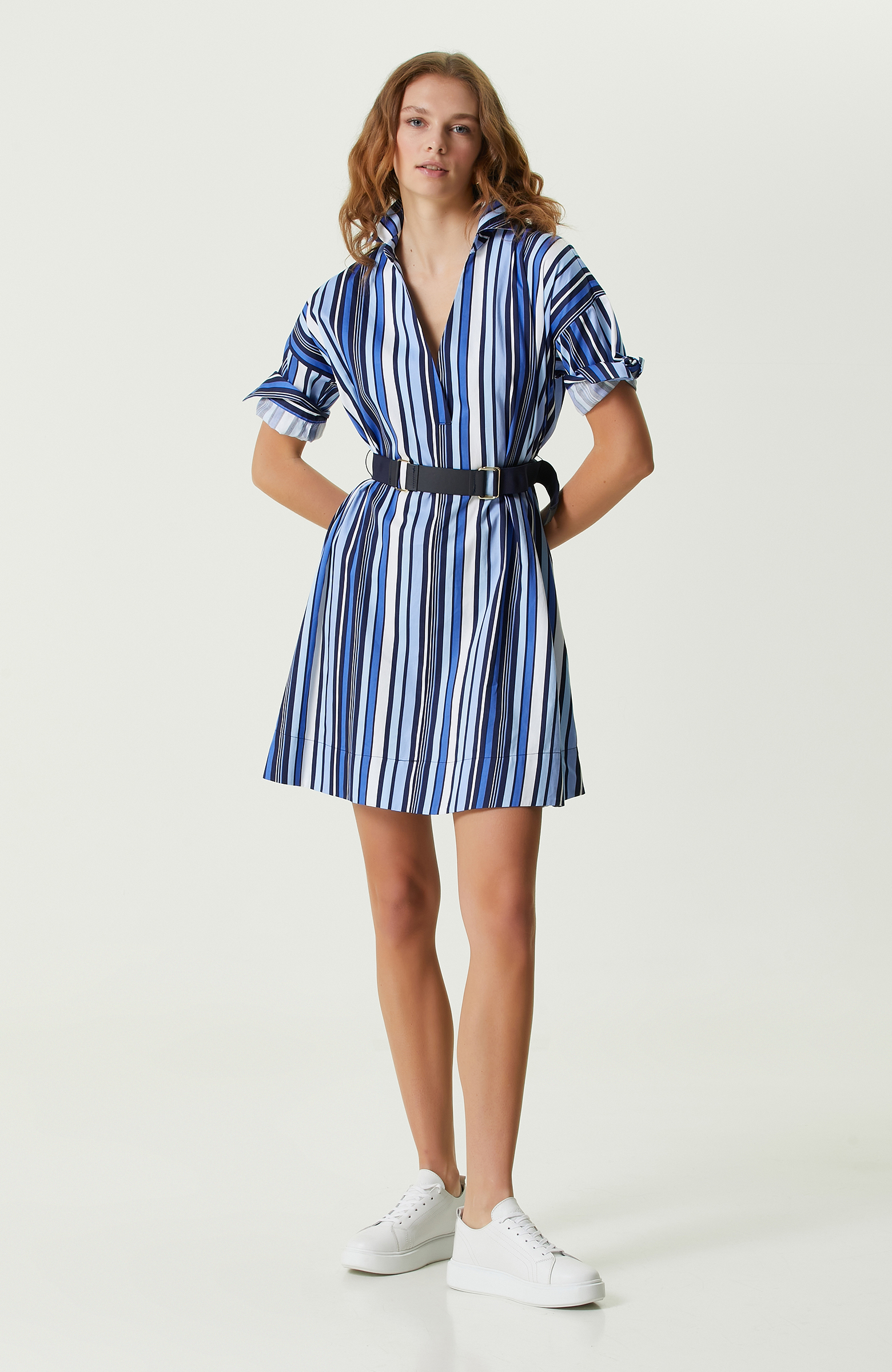 Lacivert Beyaz Kemerli Gömlek Elbise