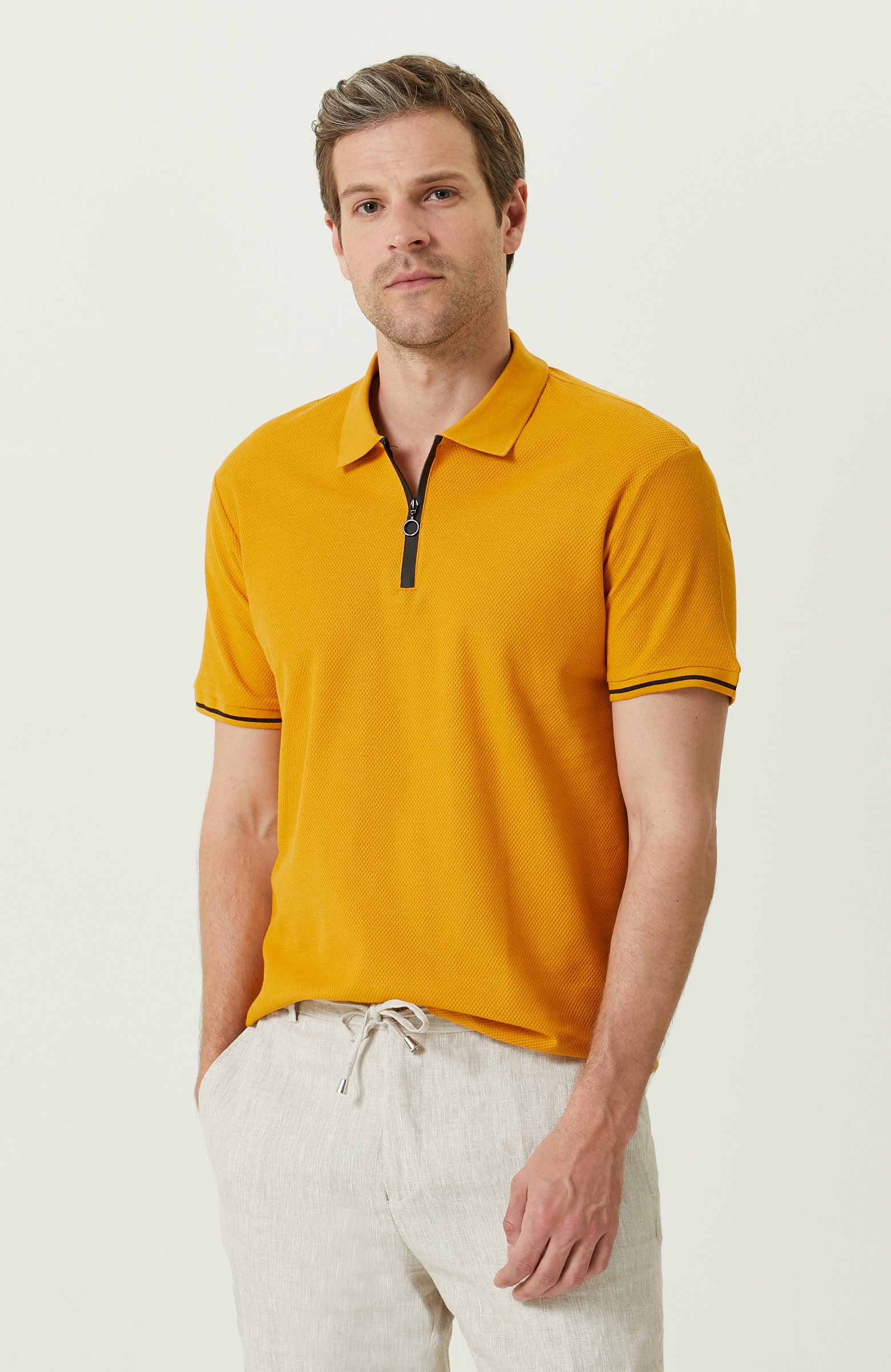 Sarı Örme Kısa Kollu Polo Yaka T-Shirt