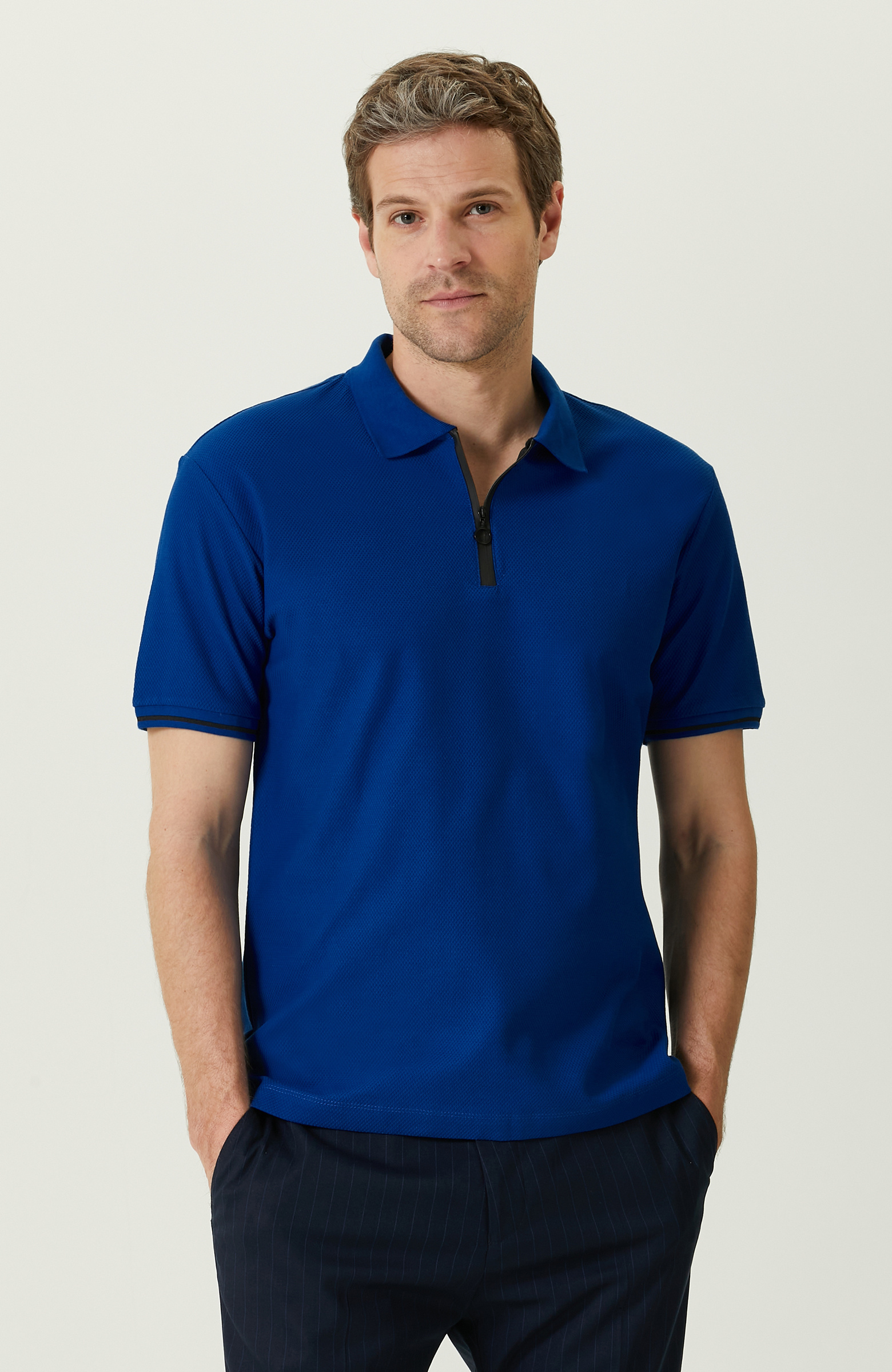 Saks Mavisi Örme Kısa Kollu Polo Yaka T-Shirt