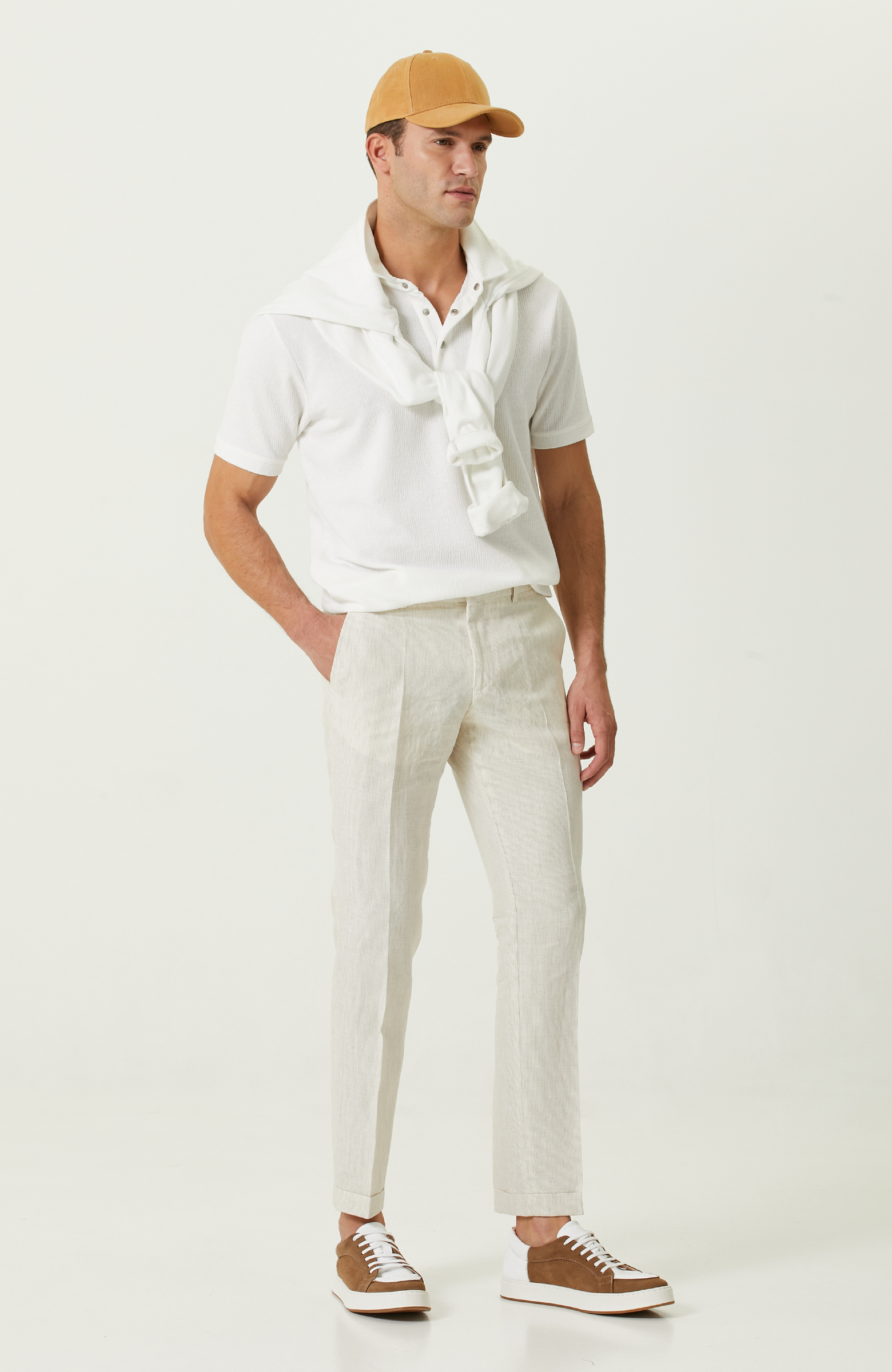 Bej Duble Paça Keten Pantolon