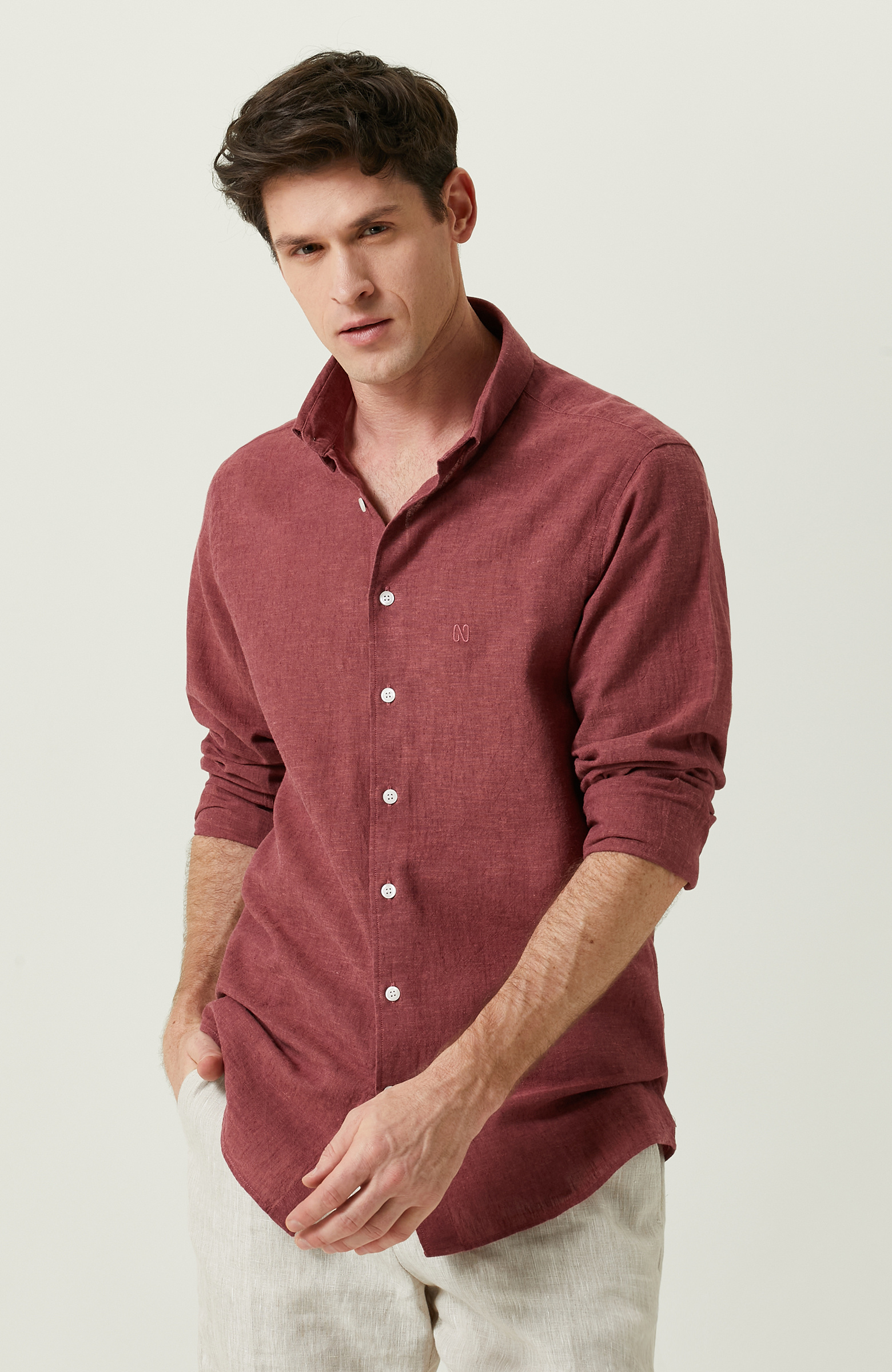 Gül Kurusu Uzun Kollu Keten Gömlek