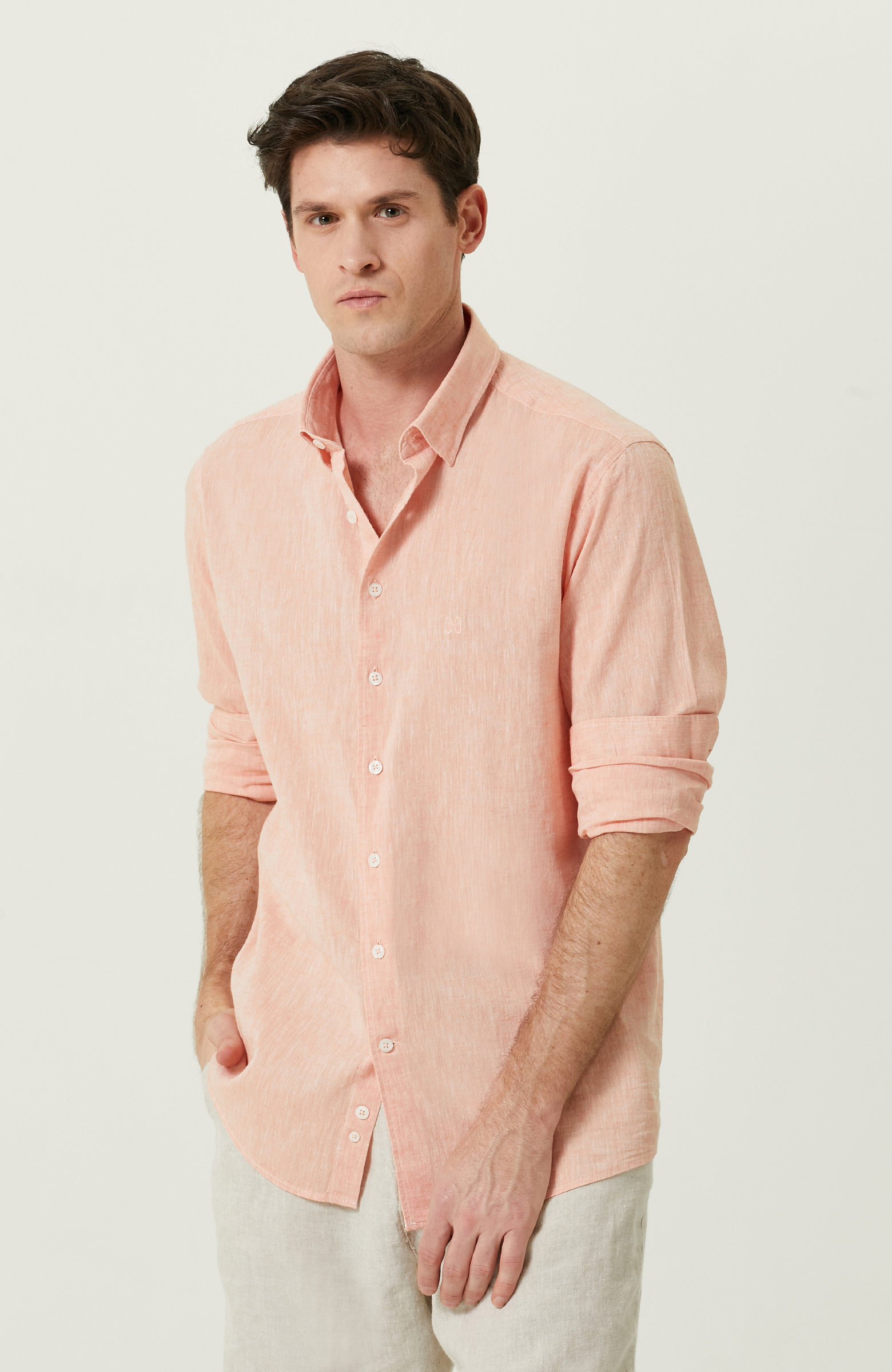 Somon Rengi Uzun Kollu Keten Gömlek