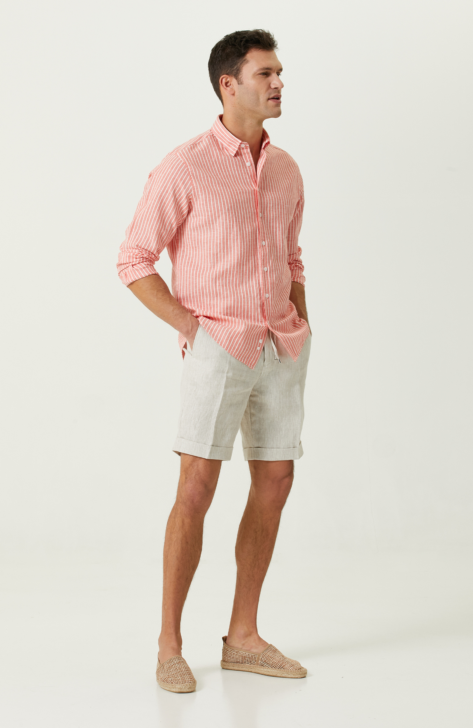 Bej Duble Paça Keten Şort