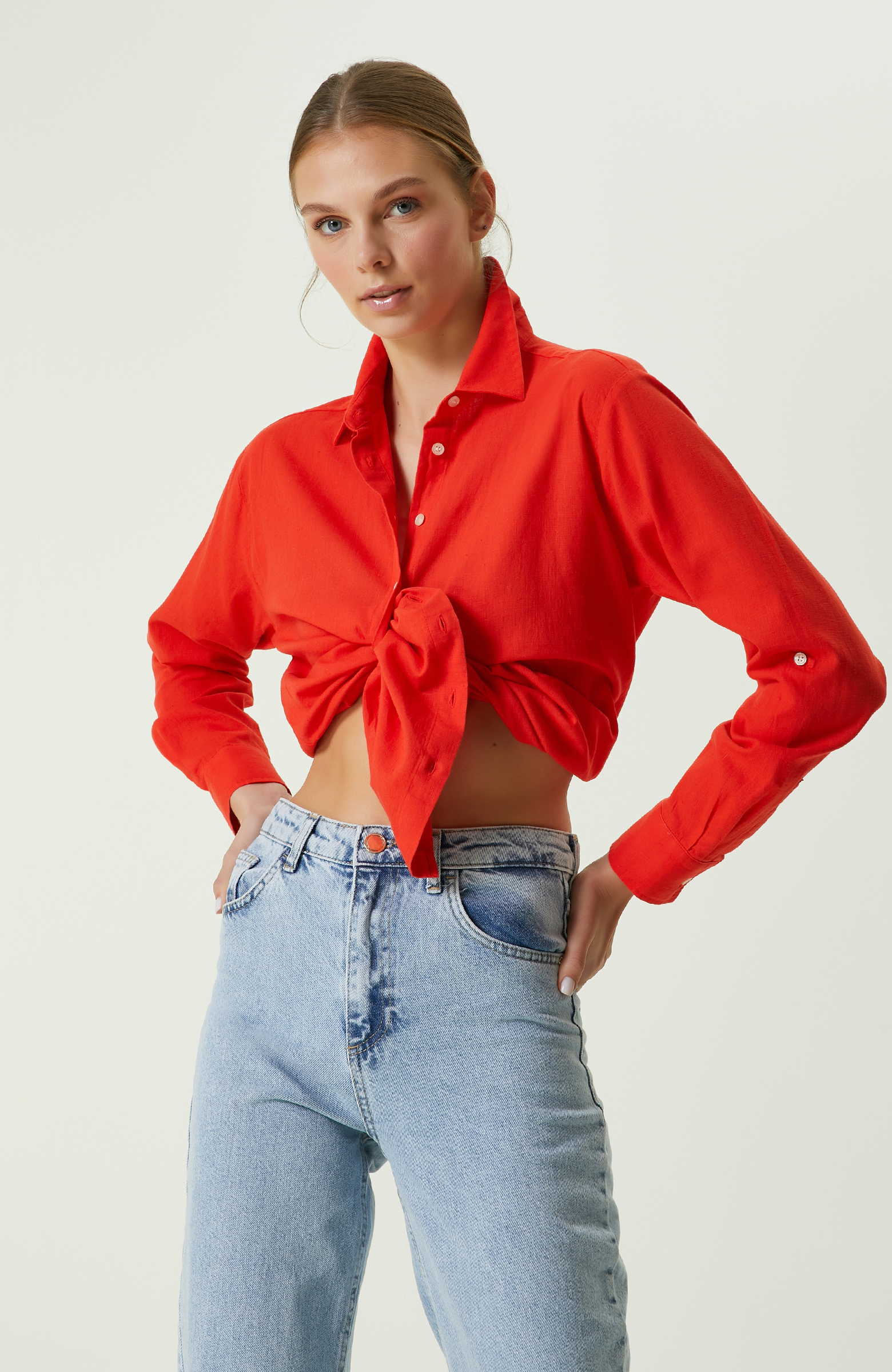 Nar Çiçeği Dokuma Uzun Kollu Gömlek