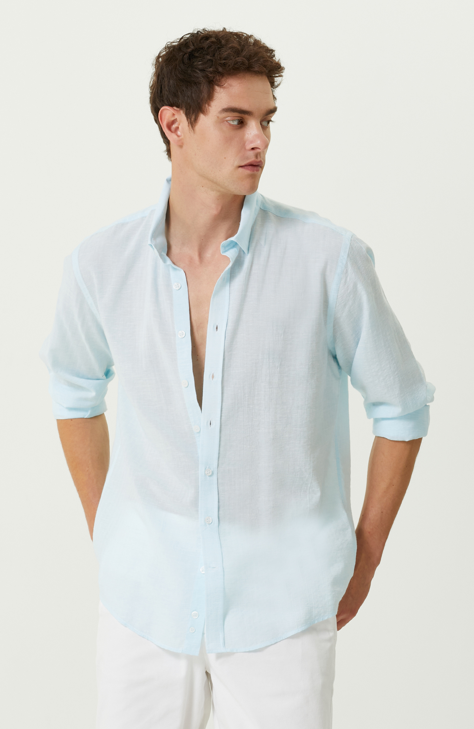Turkuaz Klasik Yaka Pamuklu Gömlek